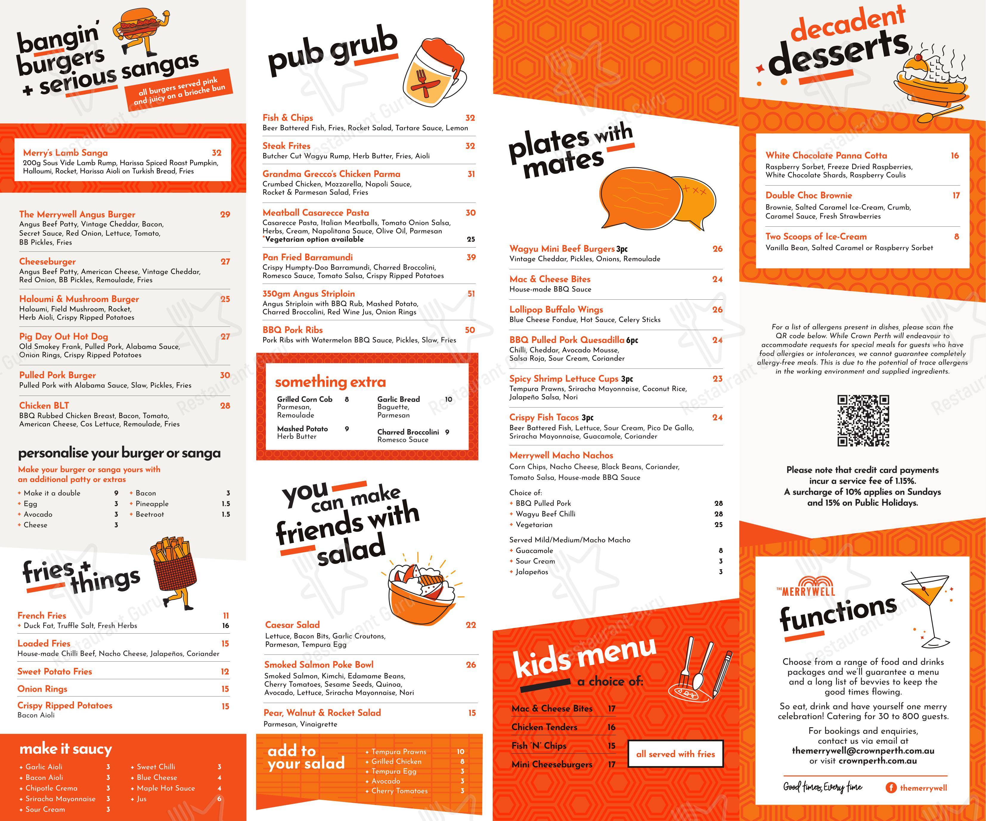 Menu at The Merrywell pub & bar, Burswood, Crown Perth