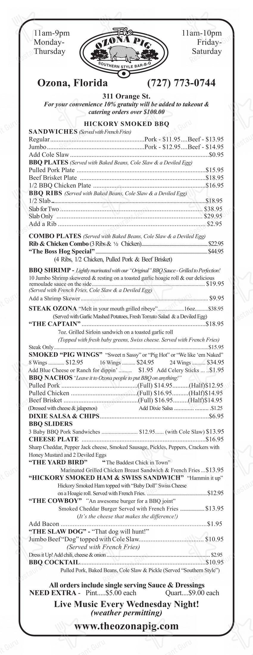 Menu at The Ozona Pig BBQ, Palm Harbor