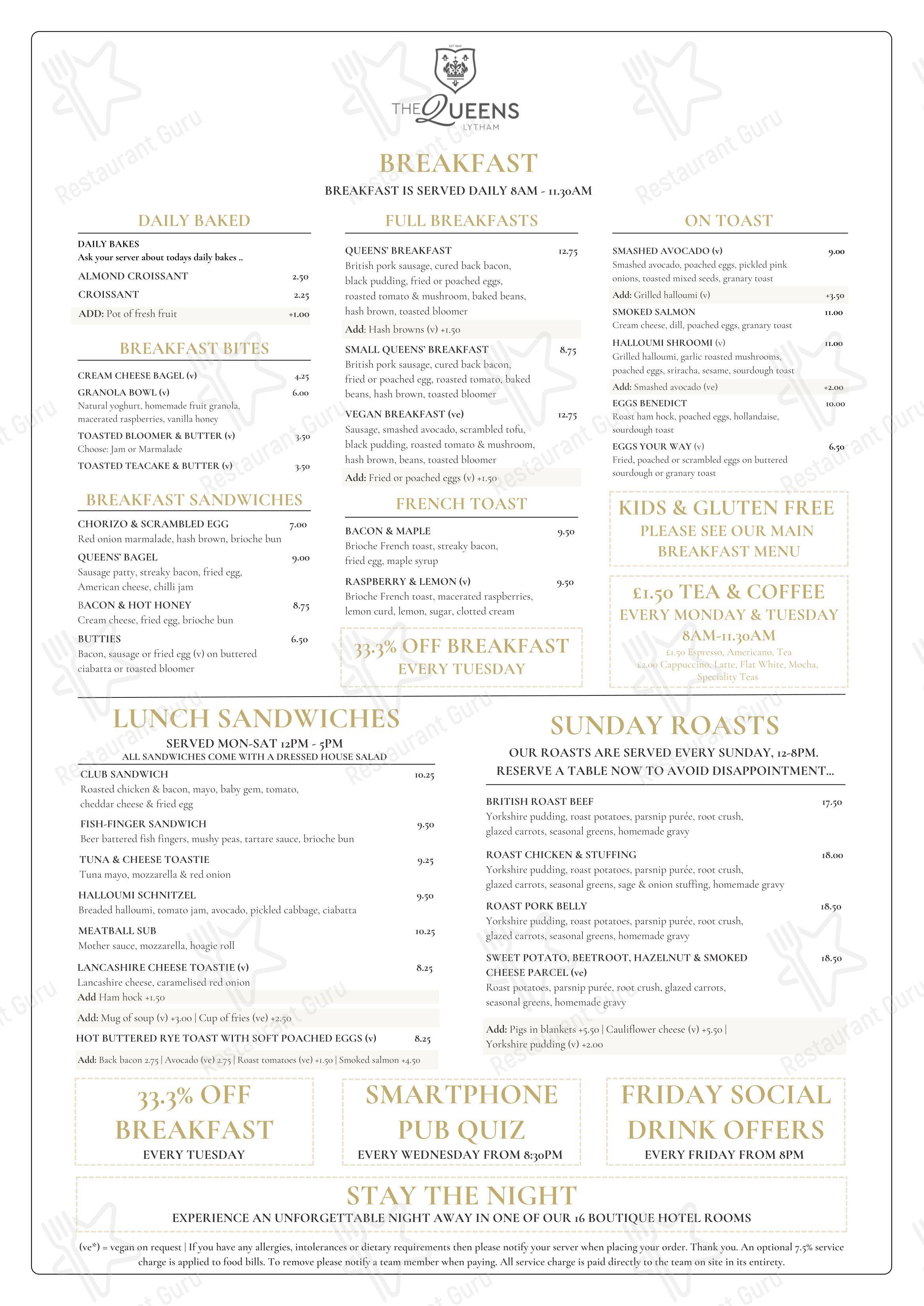 Menu at The Queens Hotel pub & bar, Lytham Saint Annes