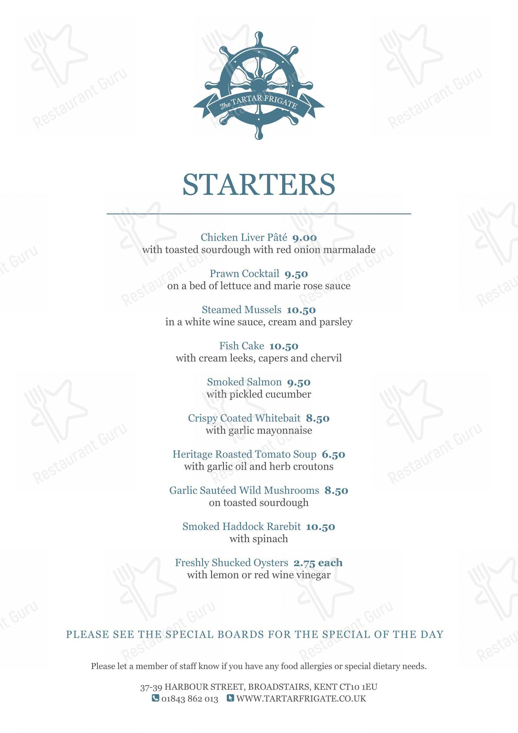 Menu at The Tartar Frigate pub & bar, Broadstairs