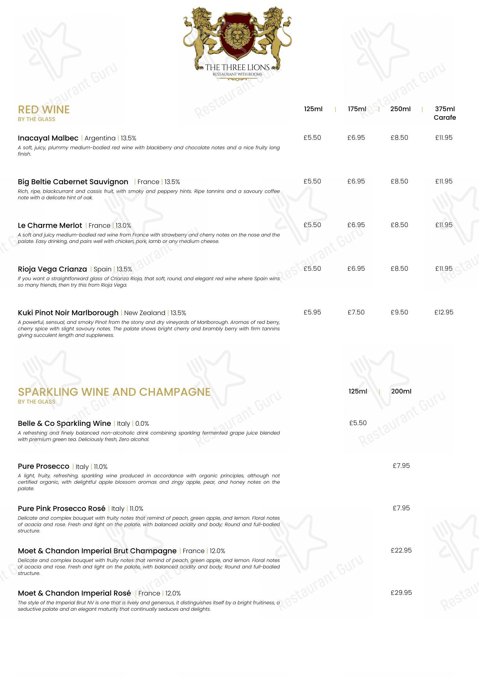 Menu at The Three Lions restaurant, Fordingbridge, Stuckton Rd