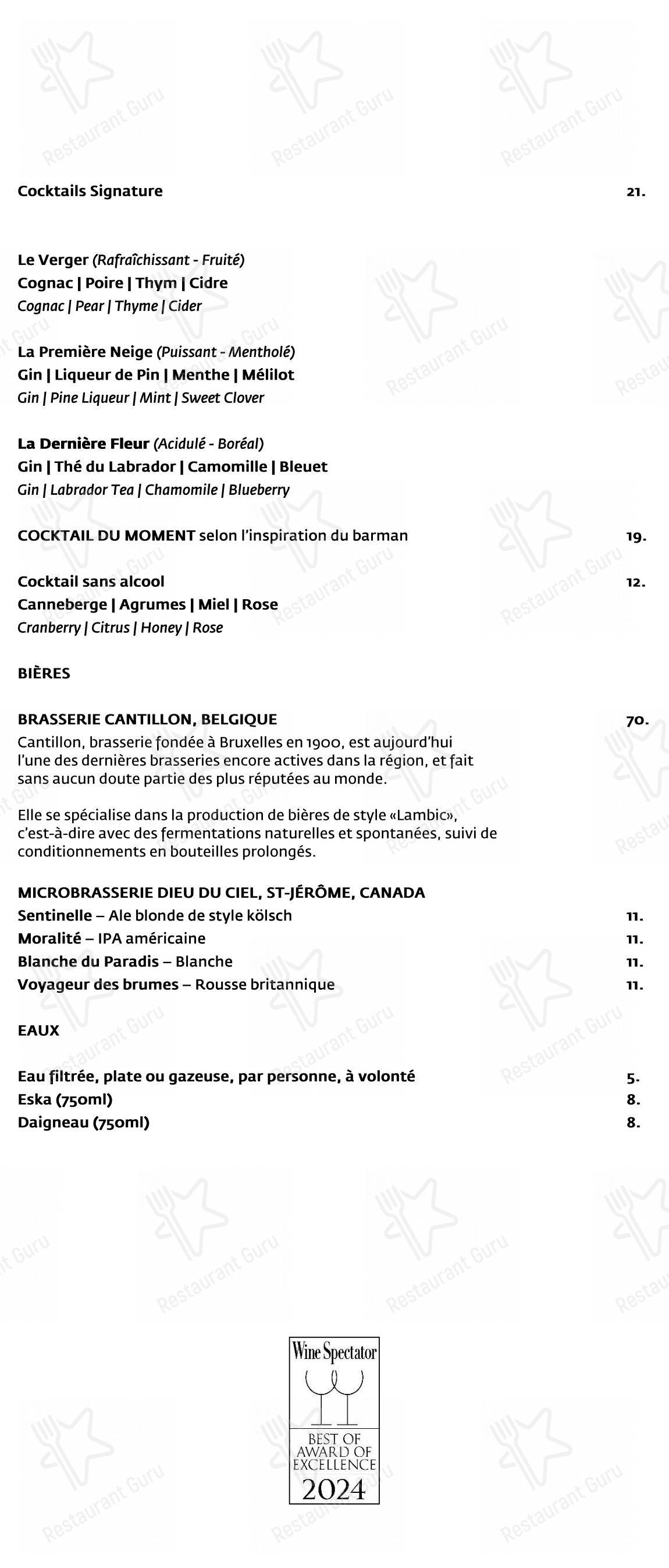 Menu au Restaurant Toqué!, Montréal