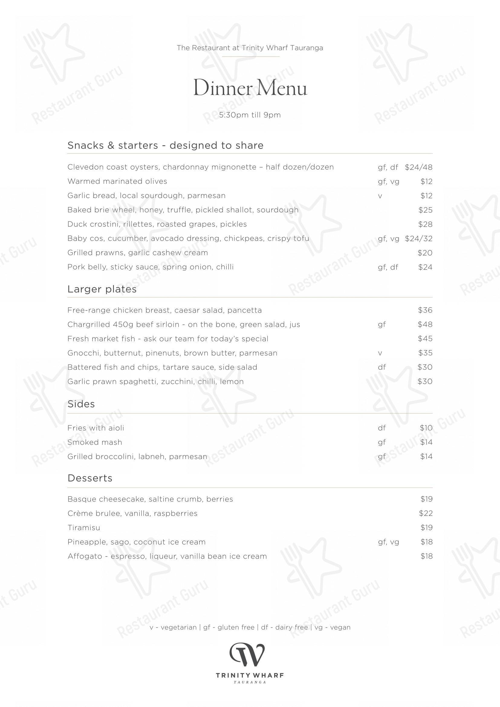 Menu at Trinity Wharf Tauranga restaurant, Tauranga
