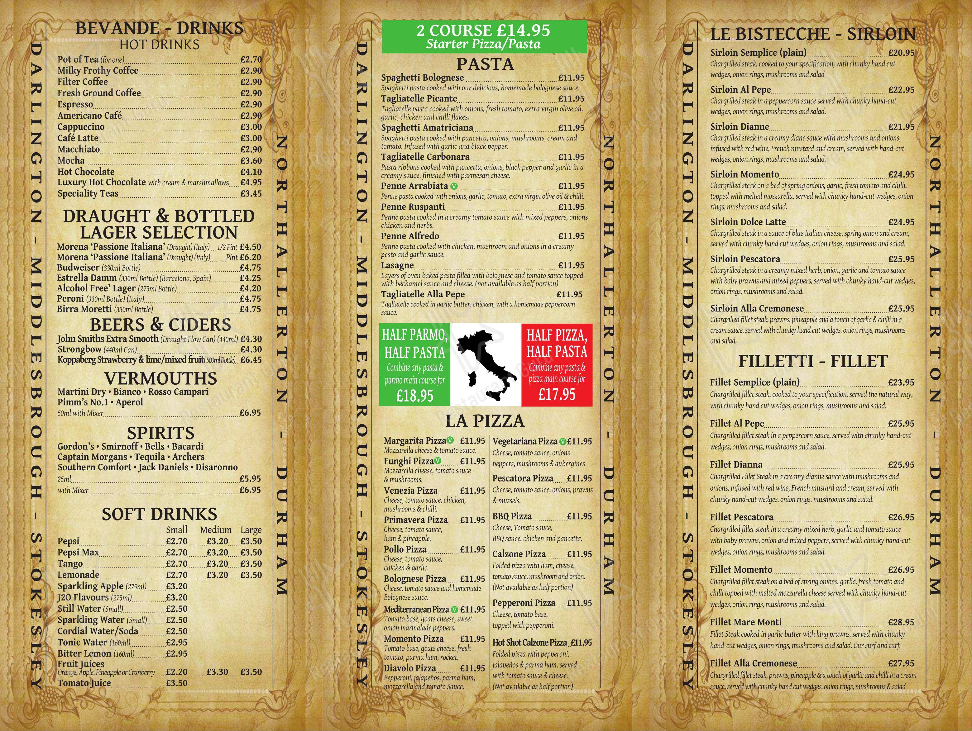 Menu at Uno Momento Italian restaurant Stokesley, Stokesley