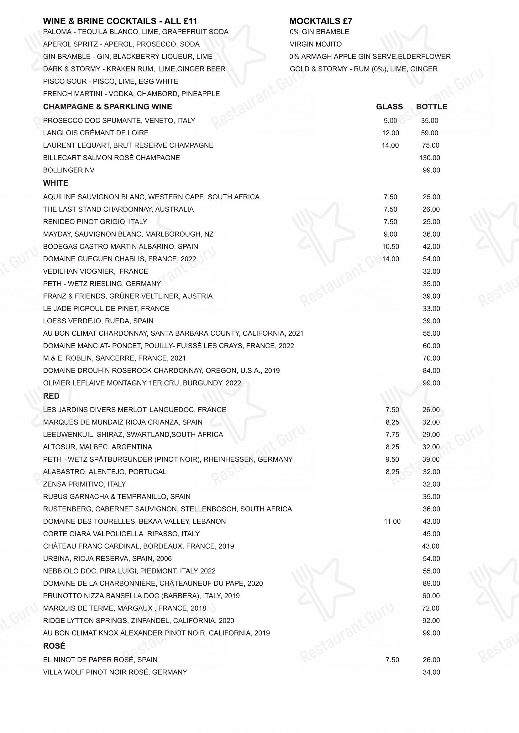 Menu at Wine and Brine restaurant, Moira