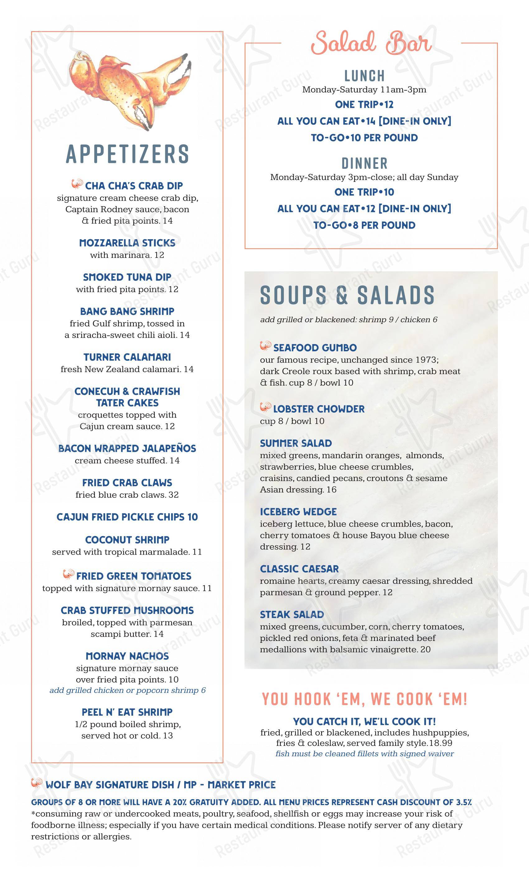 Menu at Wolf Bay Restaurant at Foley, Foley, Miflin Rd
