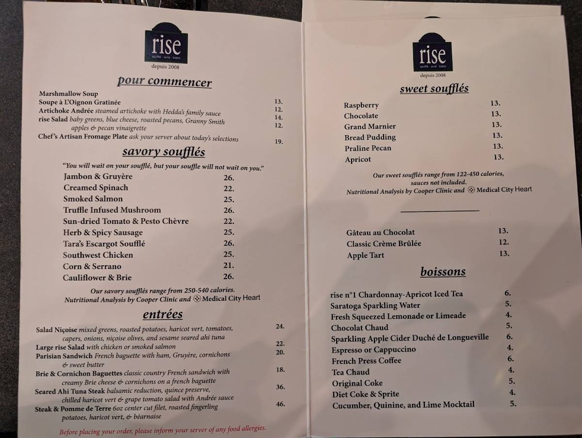 Menu at rise soufflé - Dallas pub & bar, Dallas