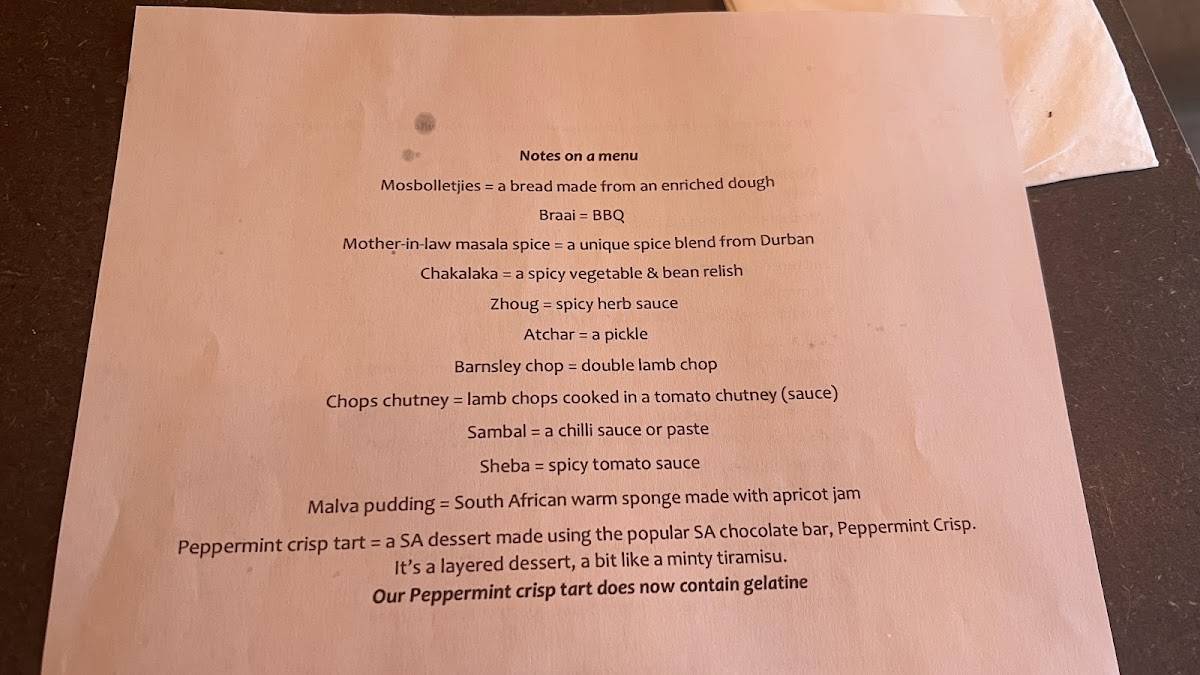 Menu at the Orange Bird restaurant, Sheffield