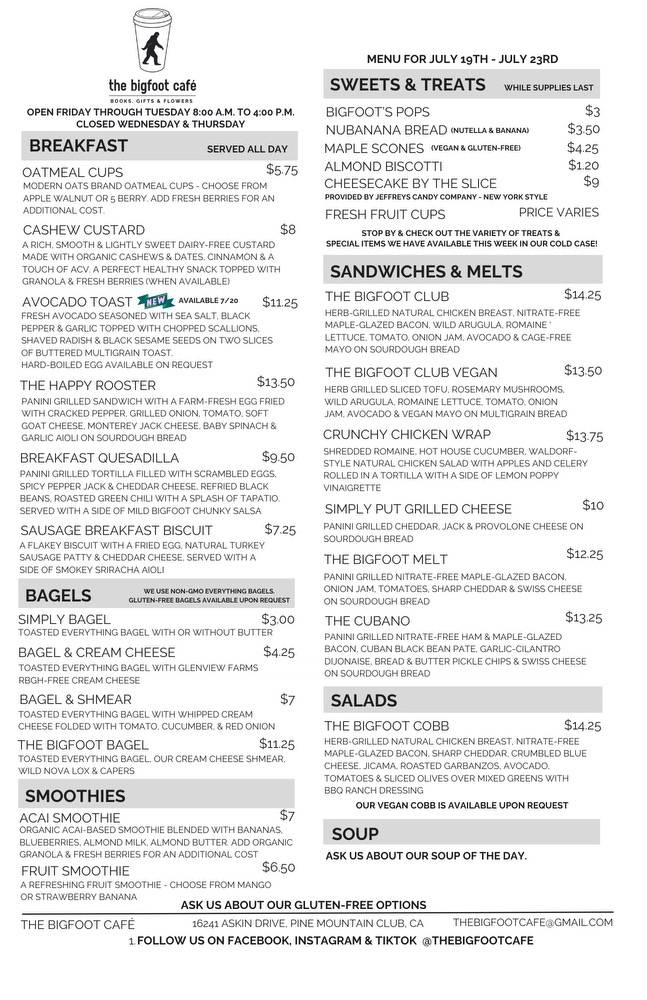 Menu at the bigfoot café cafe, Pine Mountain Club