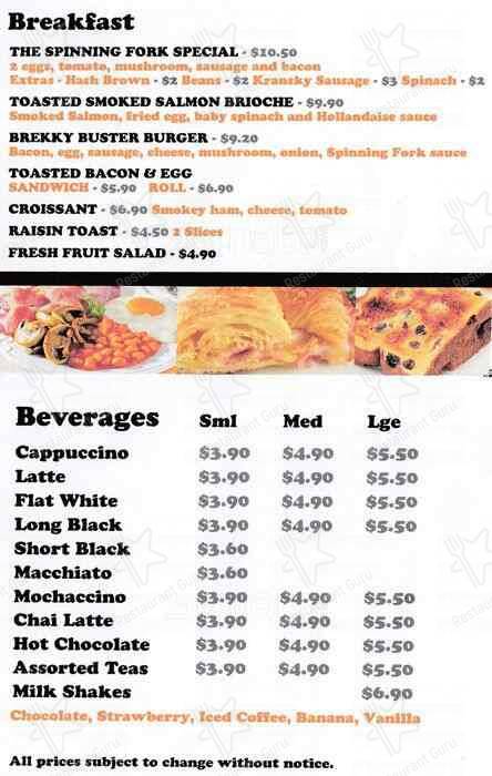 Menu at the spinning fork cafe, Largs Bay