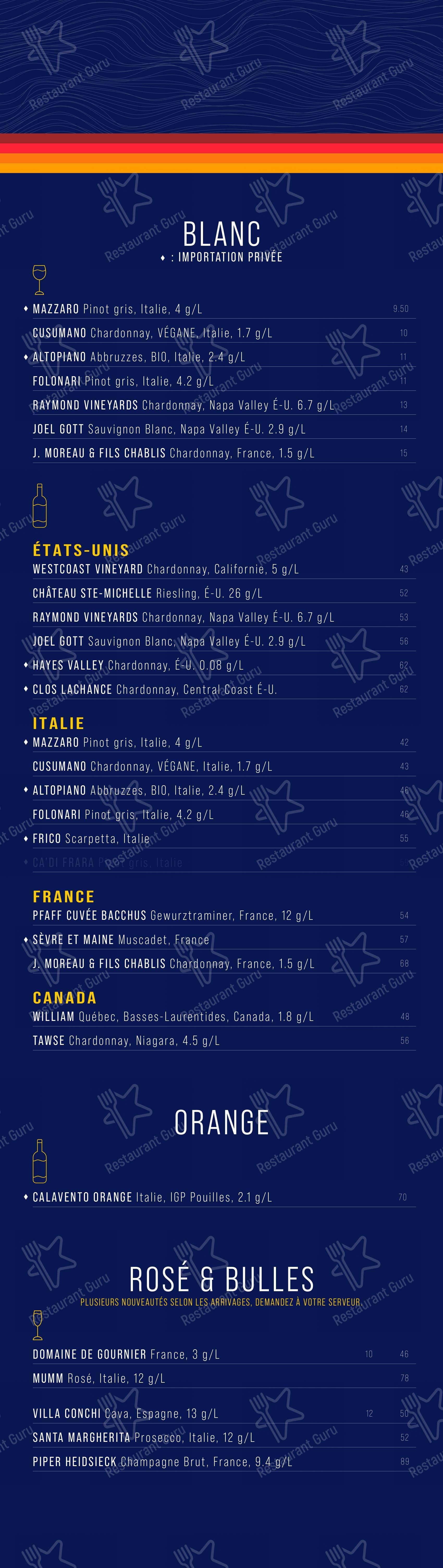 Menu au Santa Cruz pub et bar, Québec