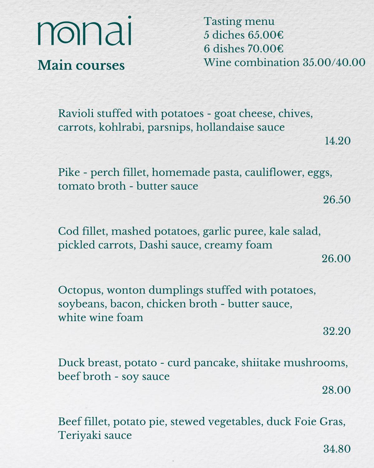 Menu at monai restaurant, Klaipėda