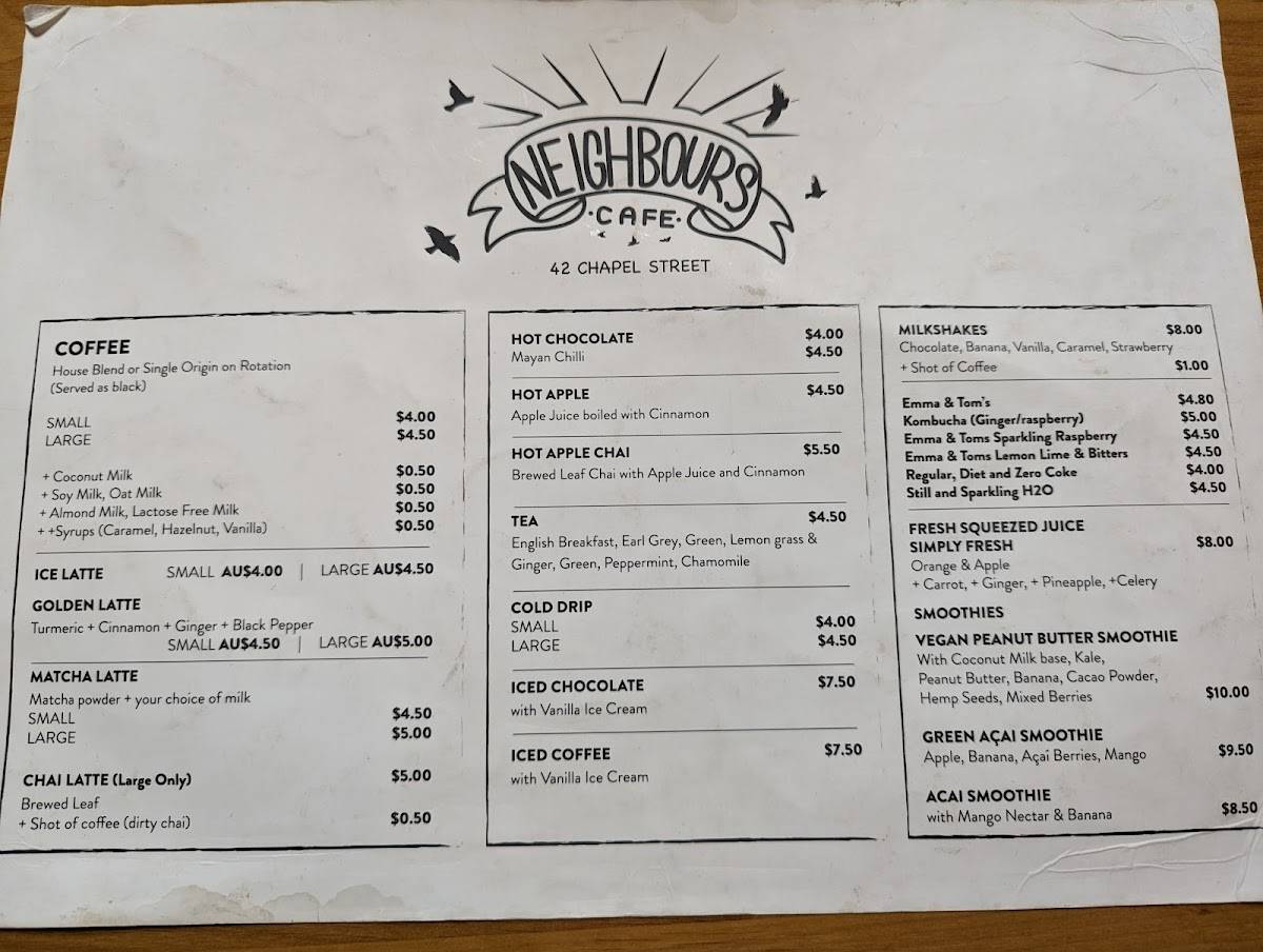 Menu at neighbours cafe, Saint Kilda East