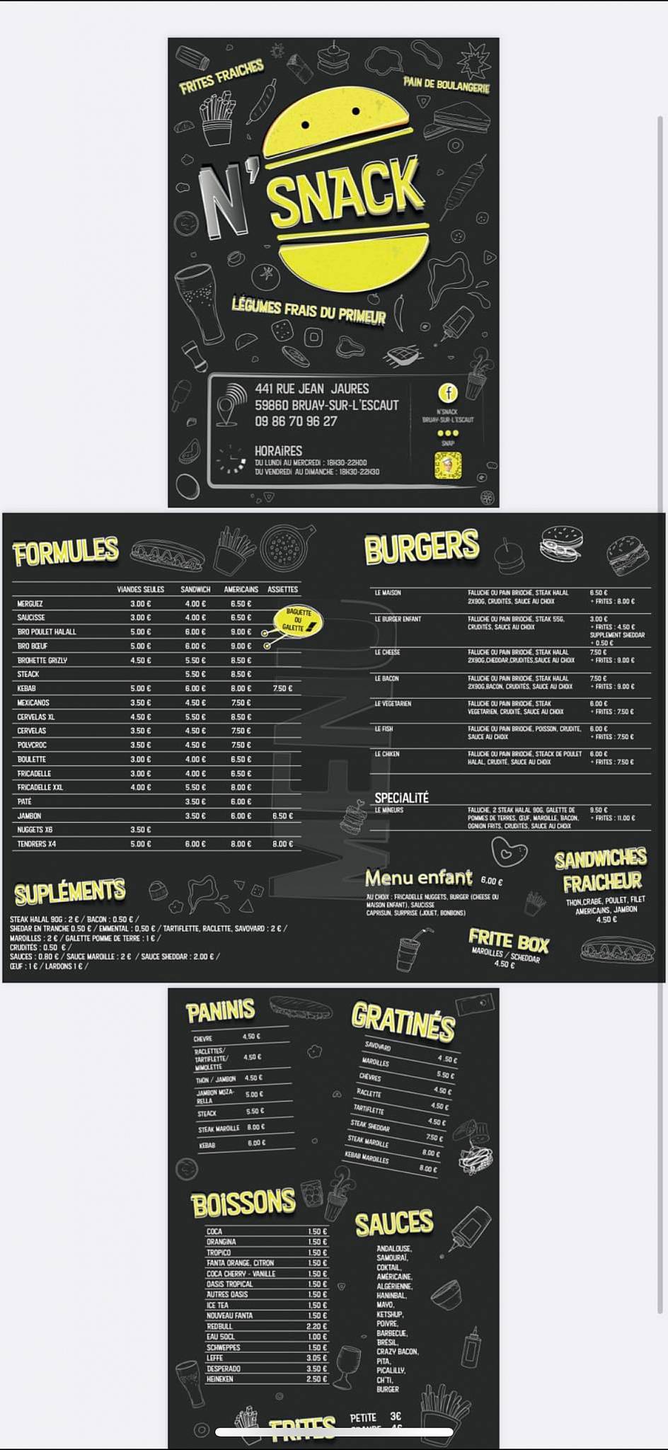 Menu au n’snack restaurant, Bruay-sur-l'Escaut
