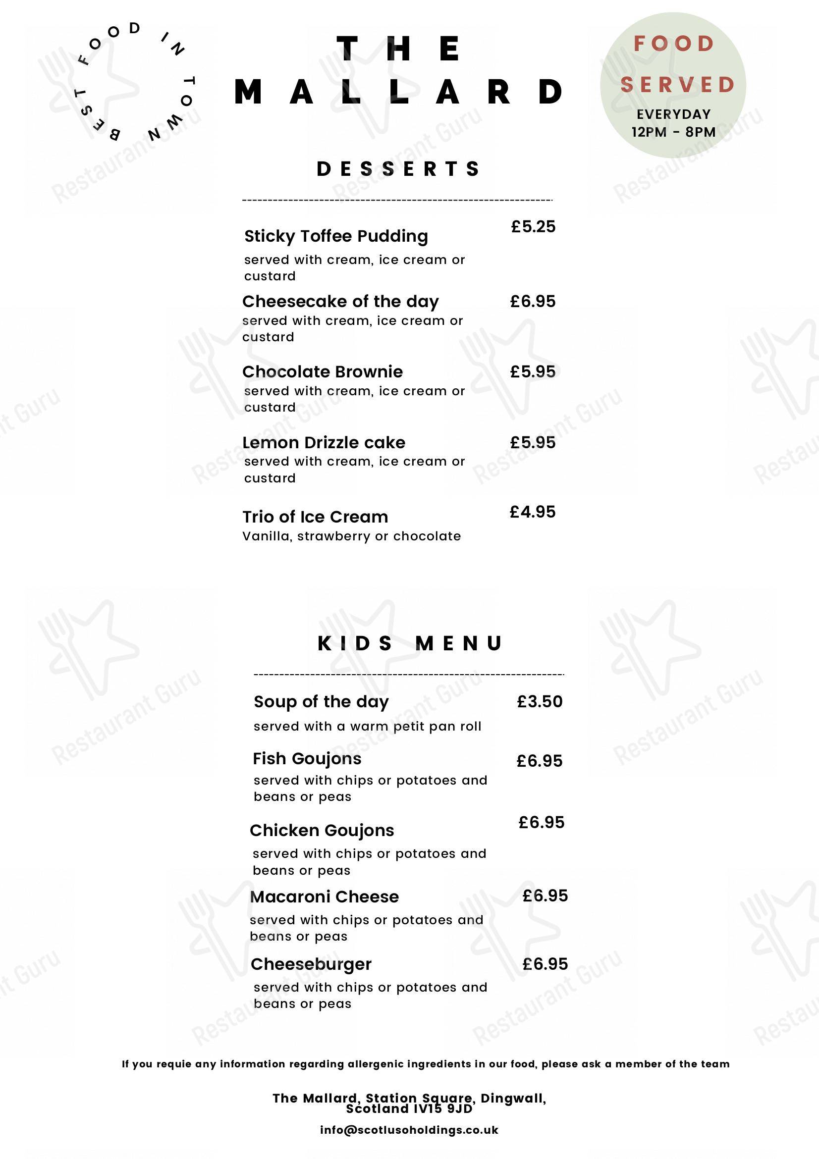 Menu at The Mallard pub & bar, Dingwall