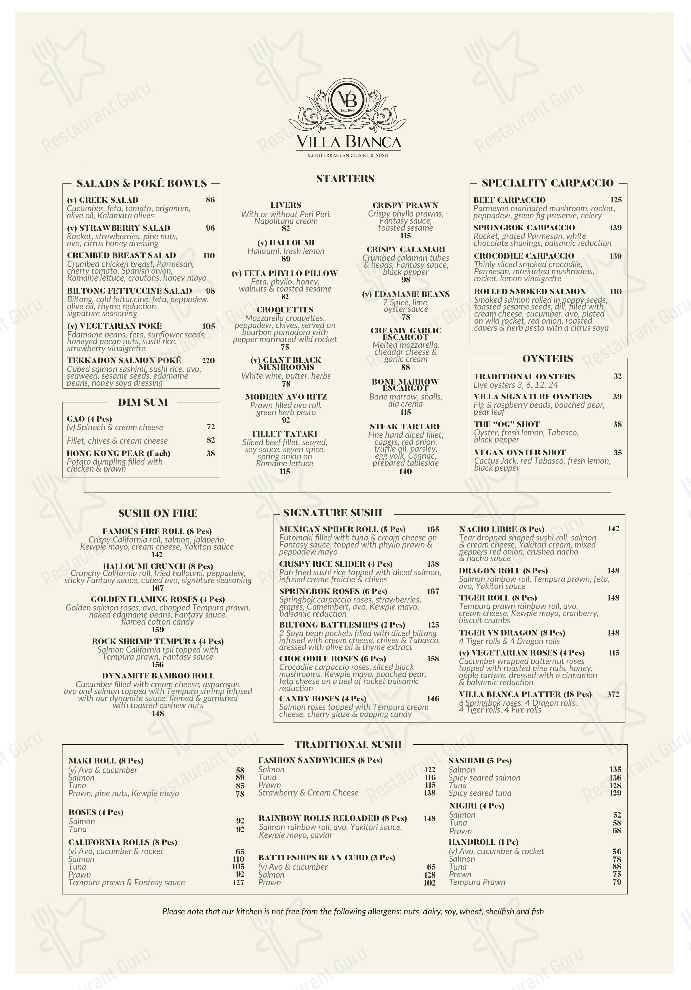 Menu at Villa Bianca Mediterranean Cuisine & Sushi restaurant, Kempton ...