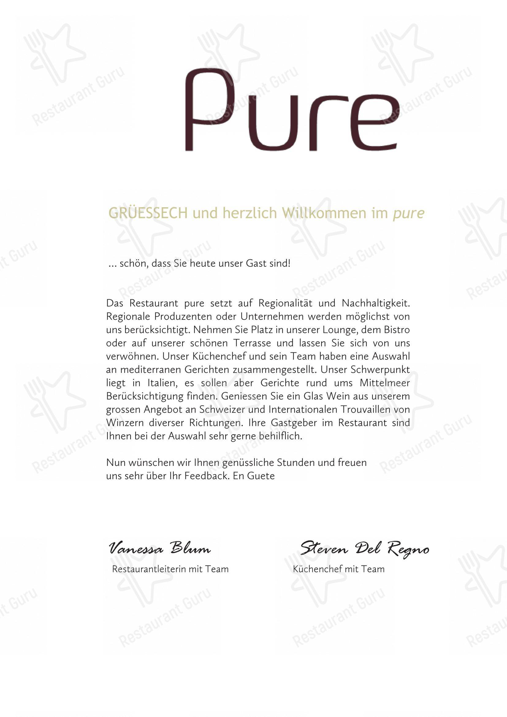 Speisekarte von pure Restaurant Olten, Olten, Riggenbachstrasse 10