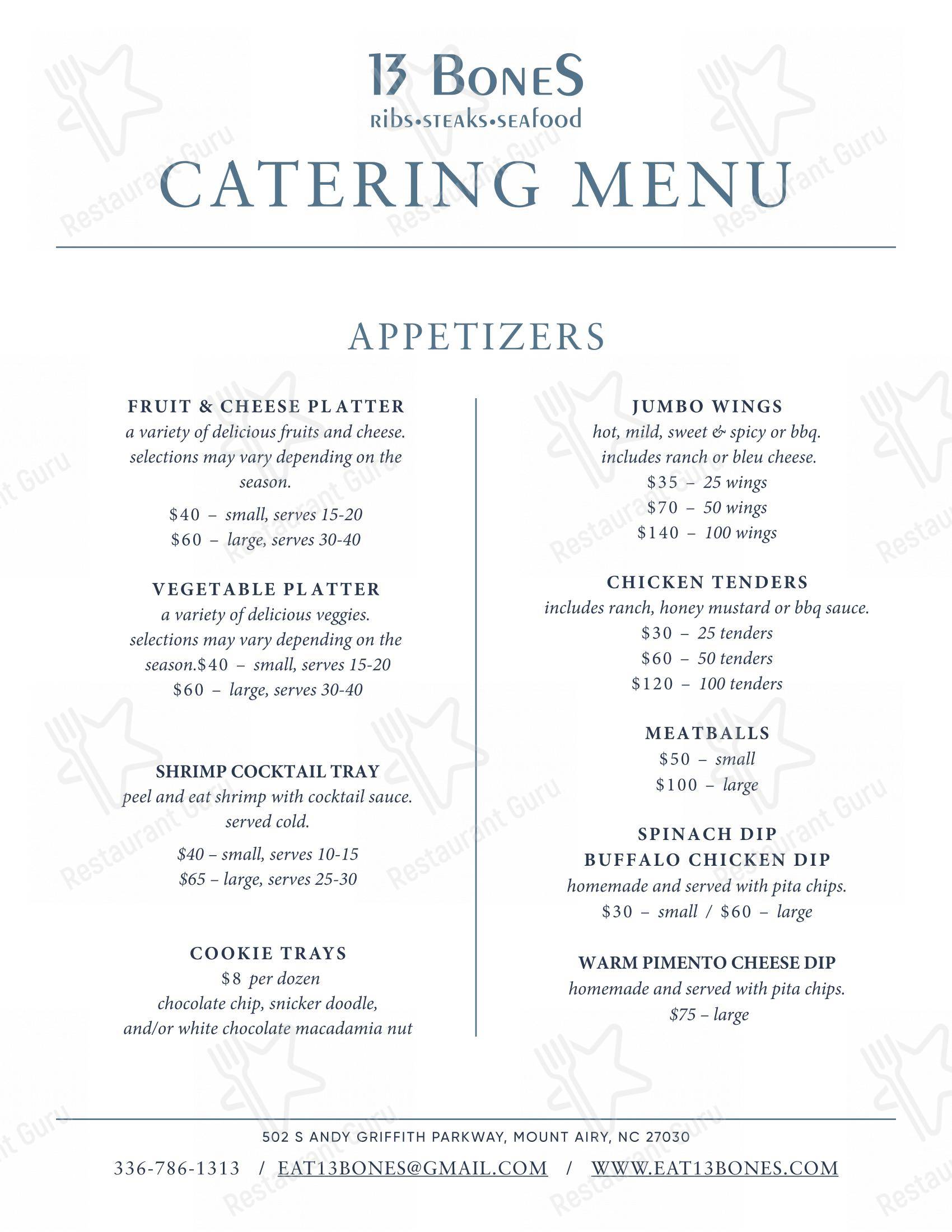 Menu at 13 Bones Restaurant, Mount Airy
