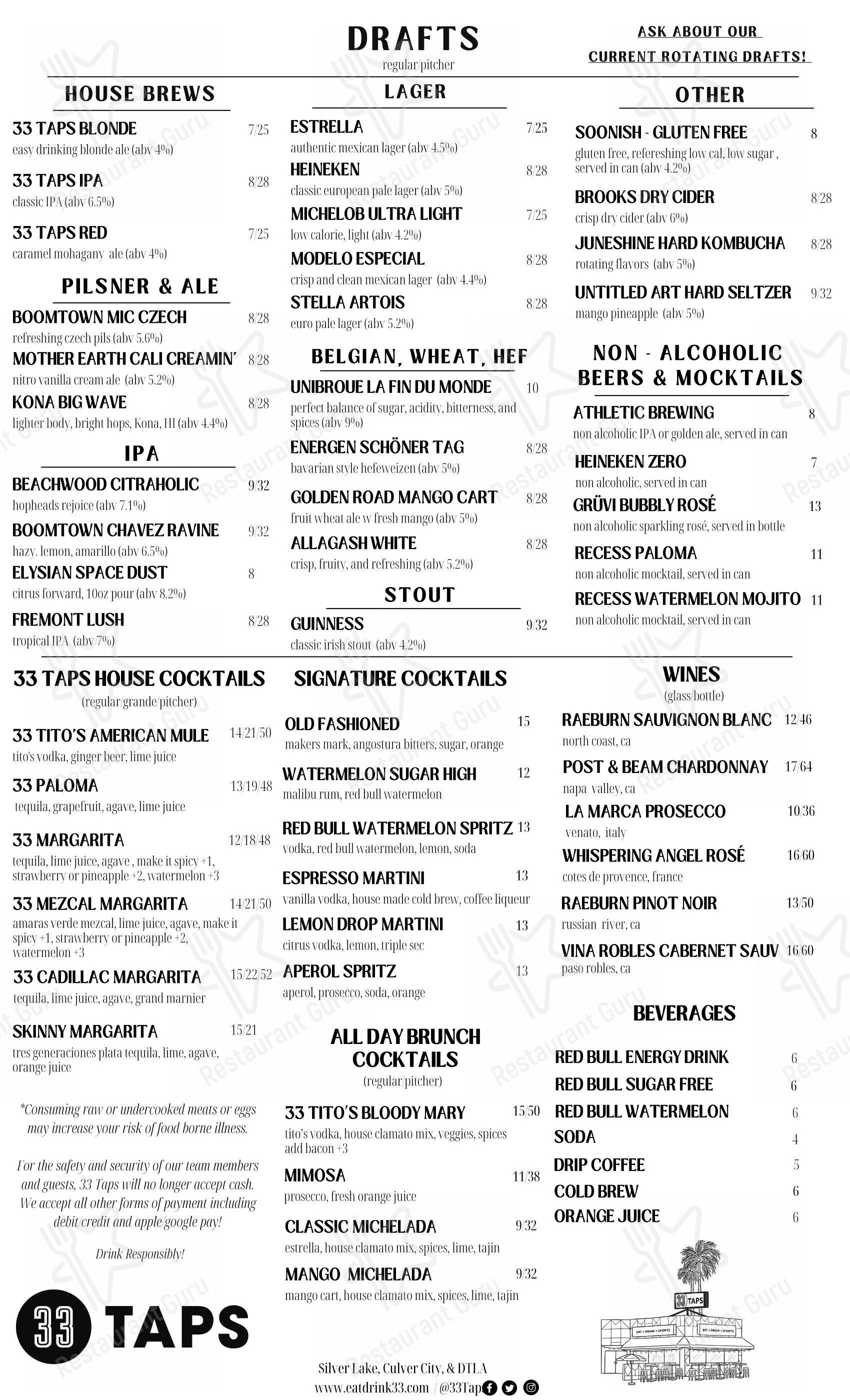 Menu at 33 Taps Silver Lake pub & bar, Los Angeles, Sunset Blvd