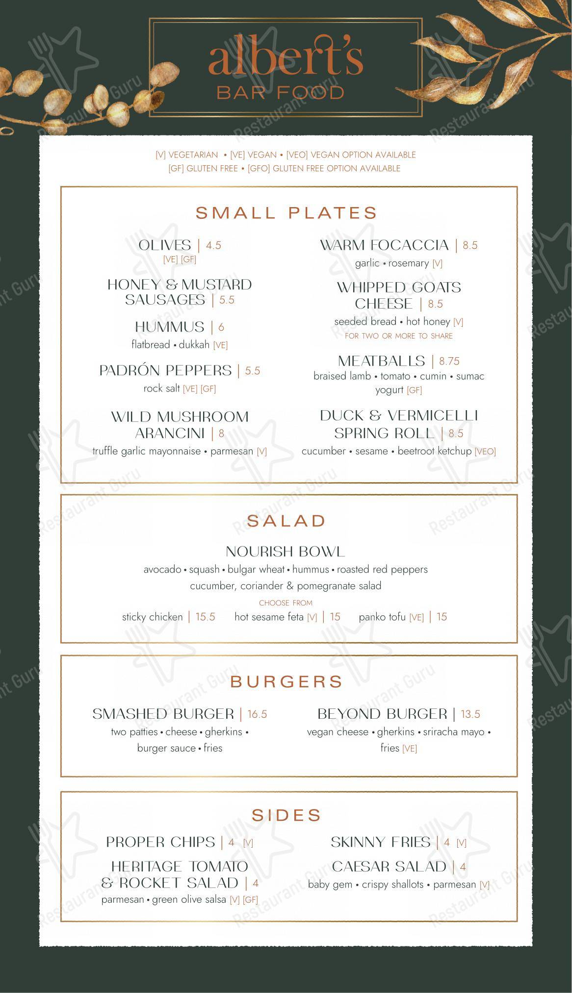 Menu at Albert's Standish restaurant, Wigan
