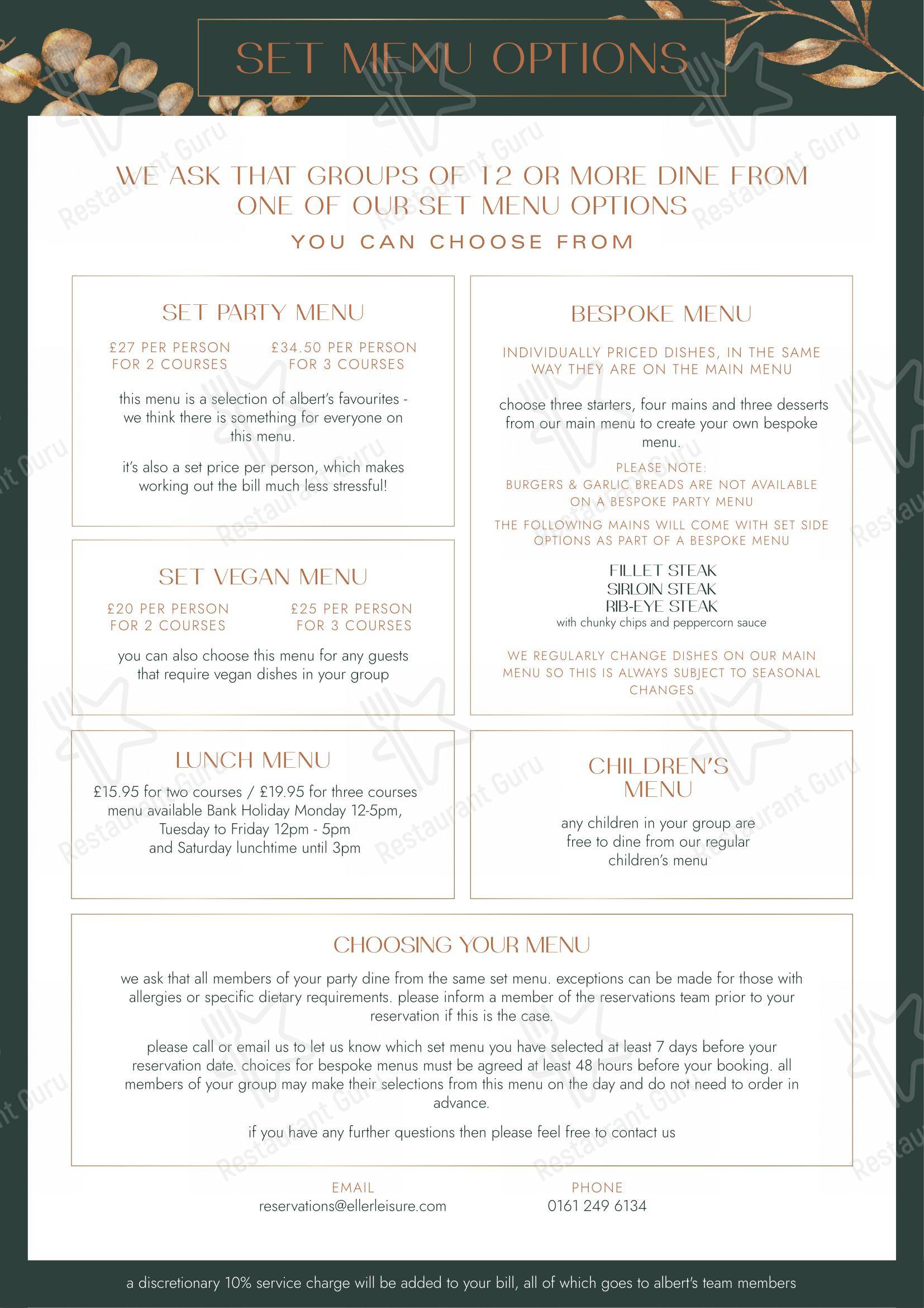 Menu at Albert's Standish restaurant, Wigan