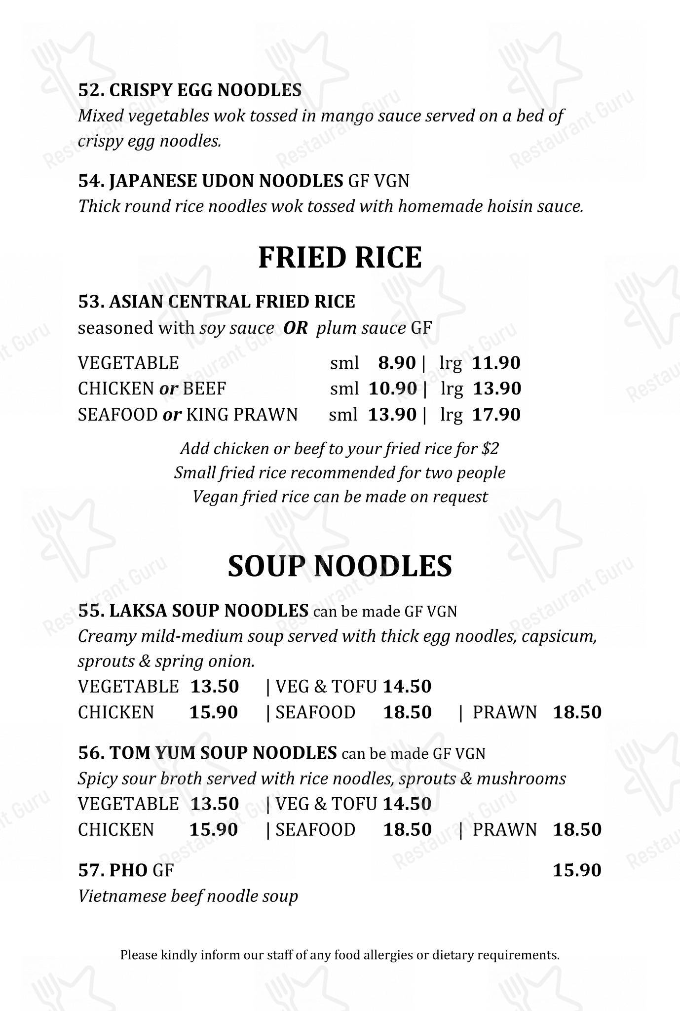 Menu at Asian Central Gawler restaurant, Gawler