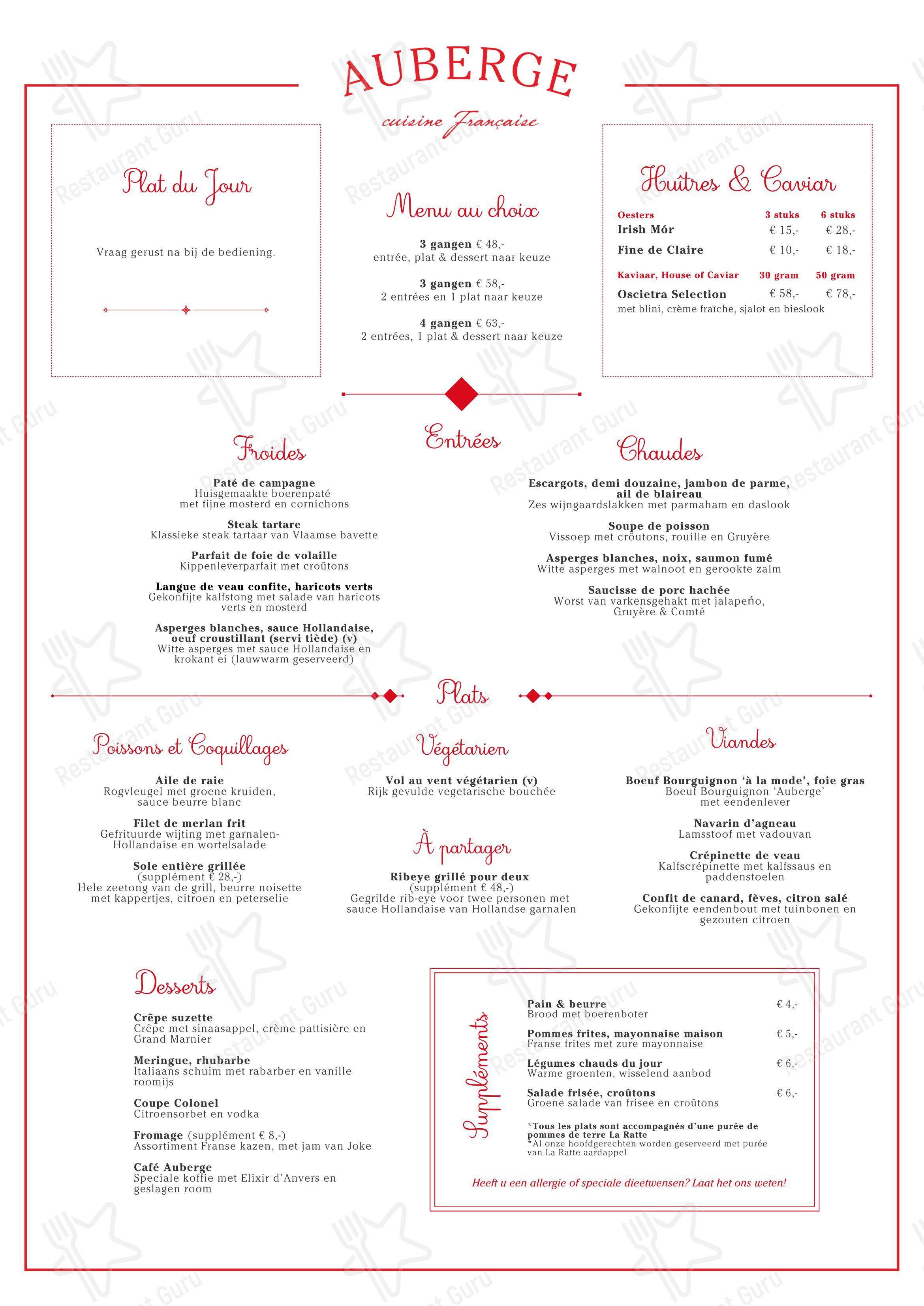 Menu at Auberge - cuisine française, Amsterdam