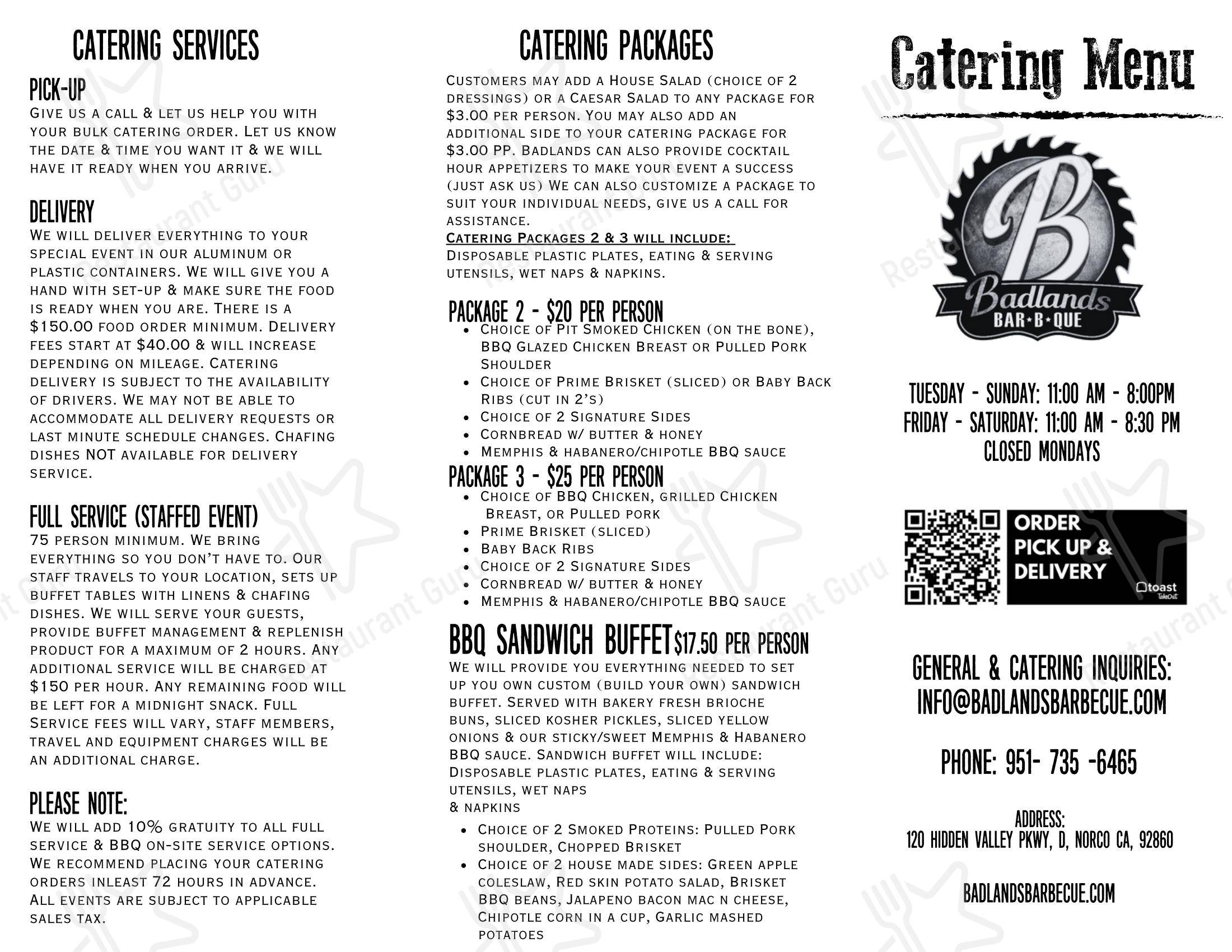 Menu at Badlands BBQ, Norco