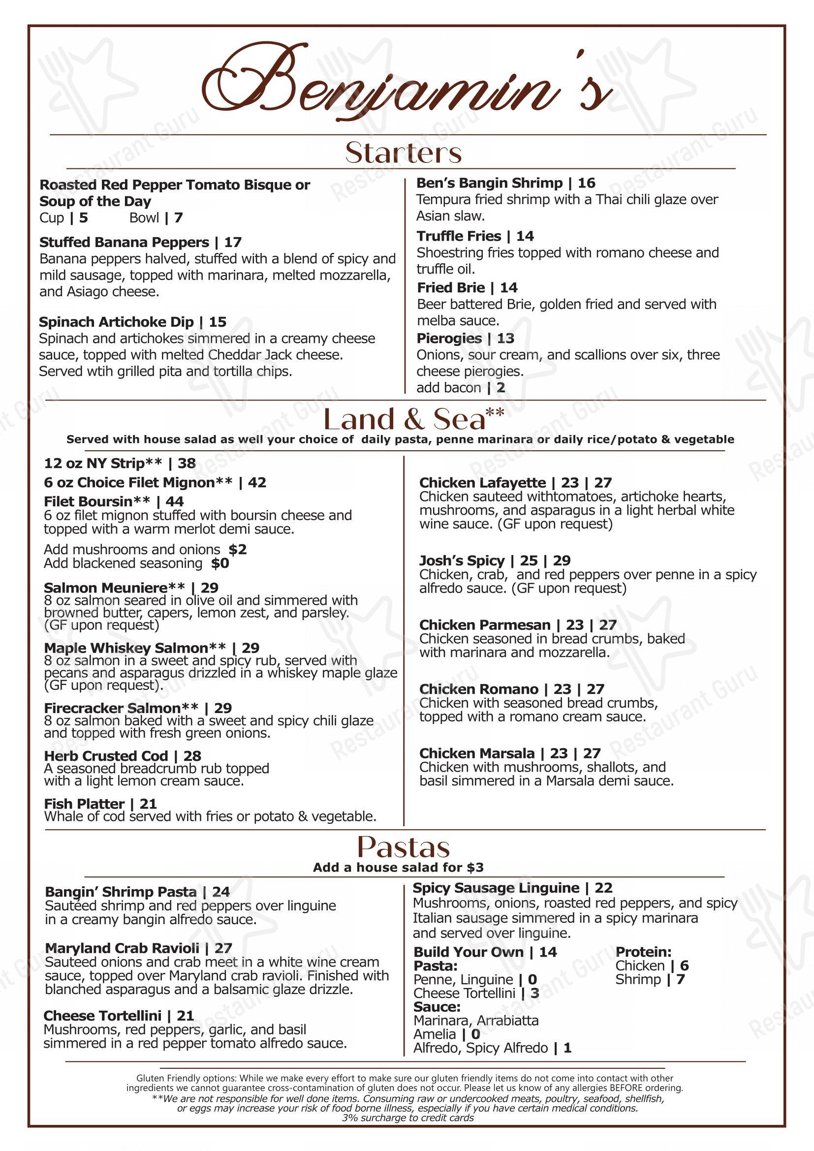 Menu at Benjamin's restaurant, Indiana