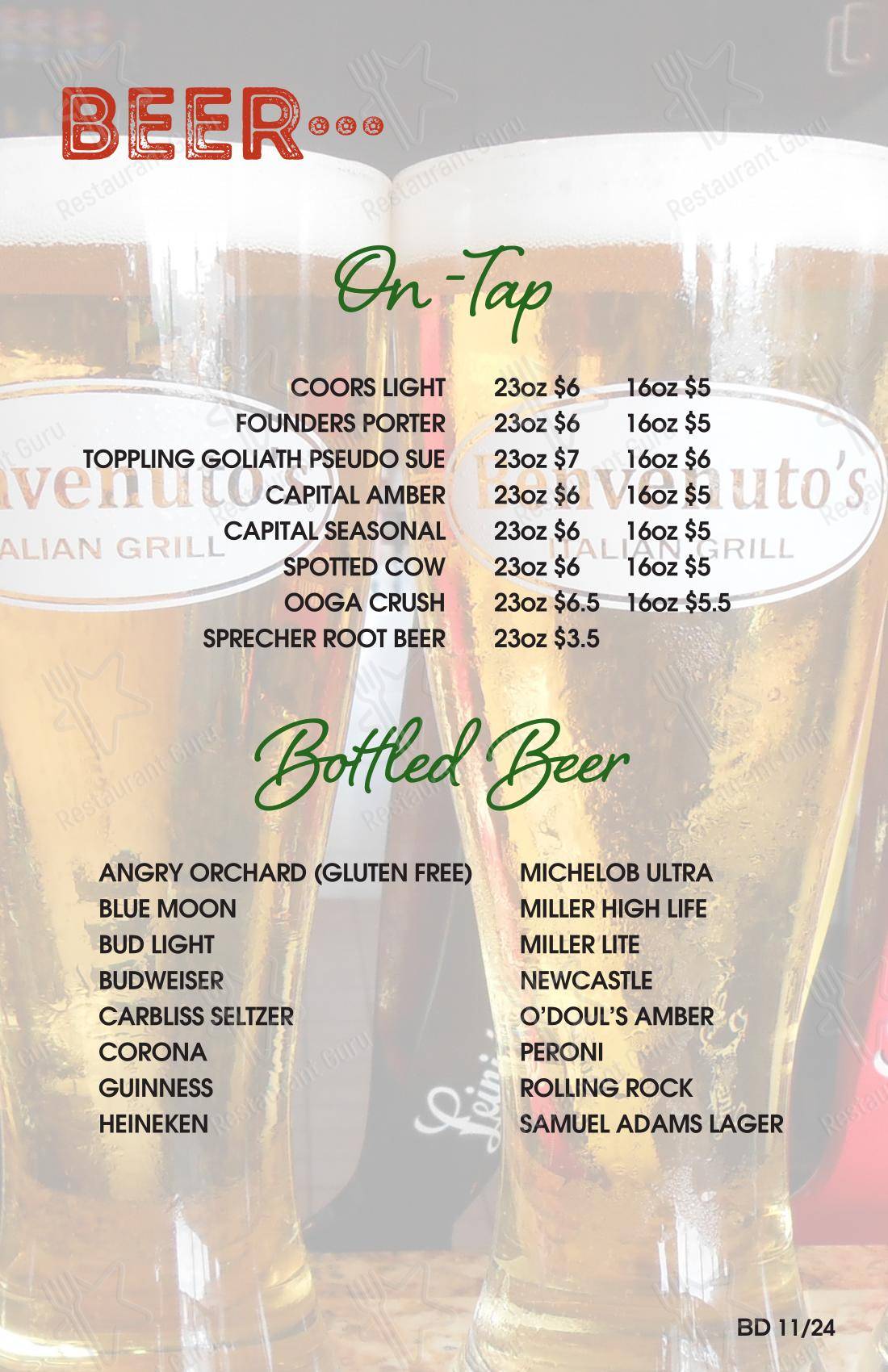 Menu at Benvenuto’s Italian Bar & Grill, Fond du Lac