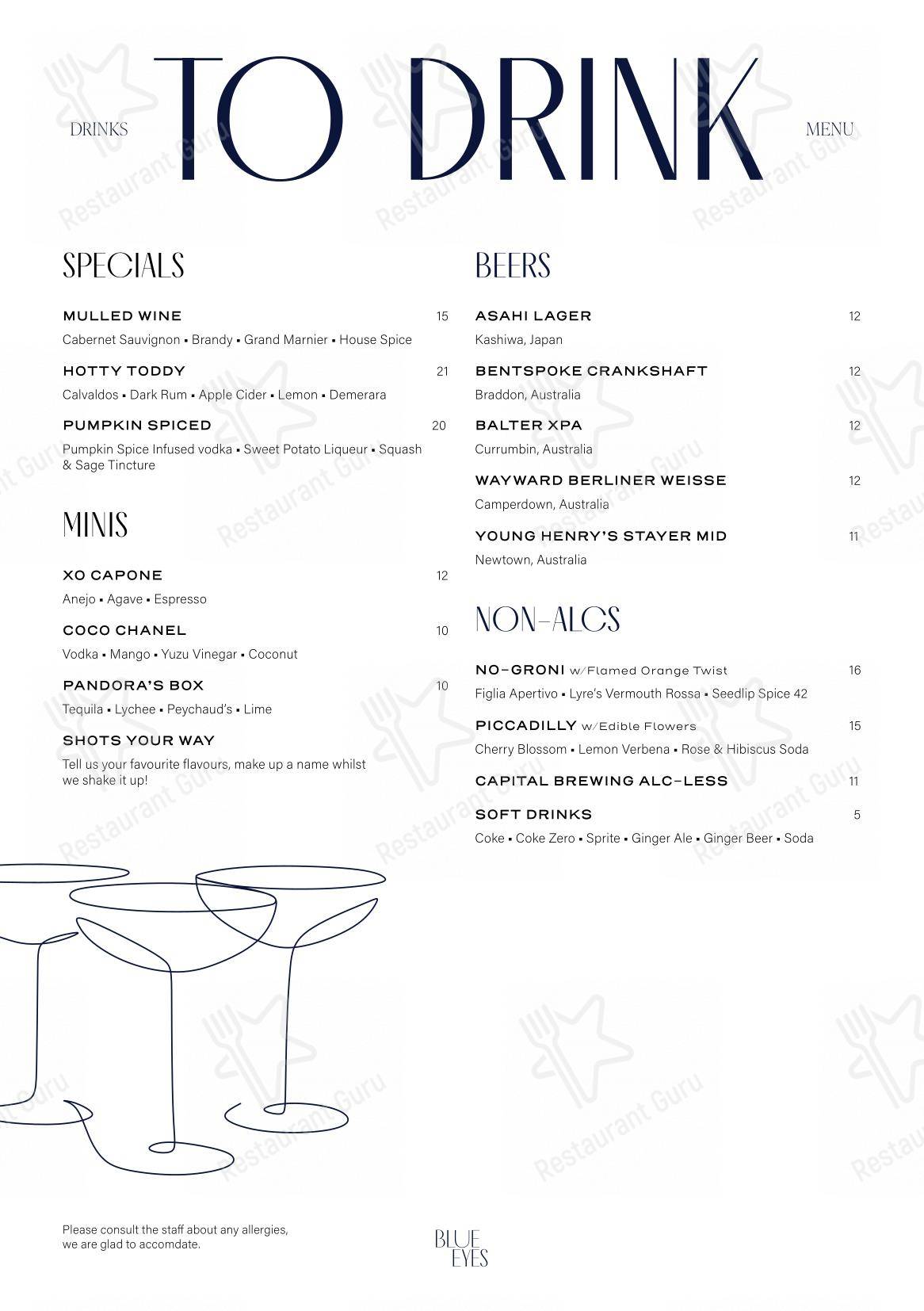 Menu at Blue Eyes pub & bar, Canberra