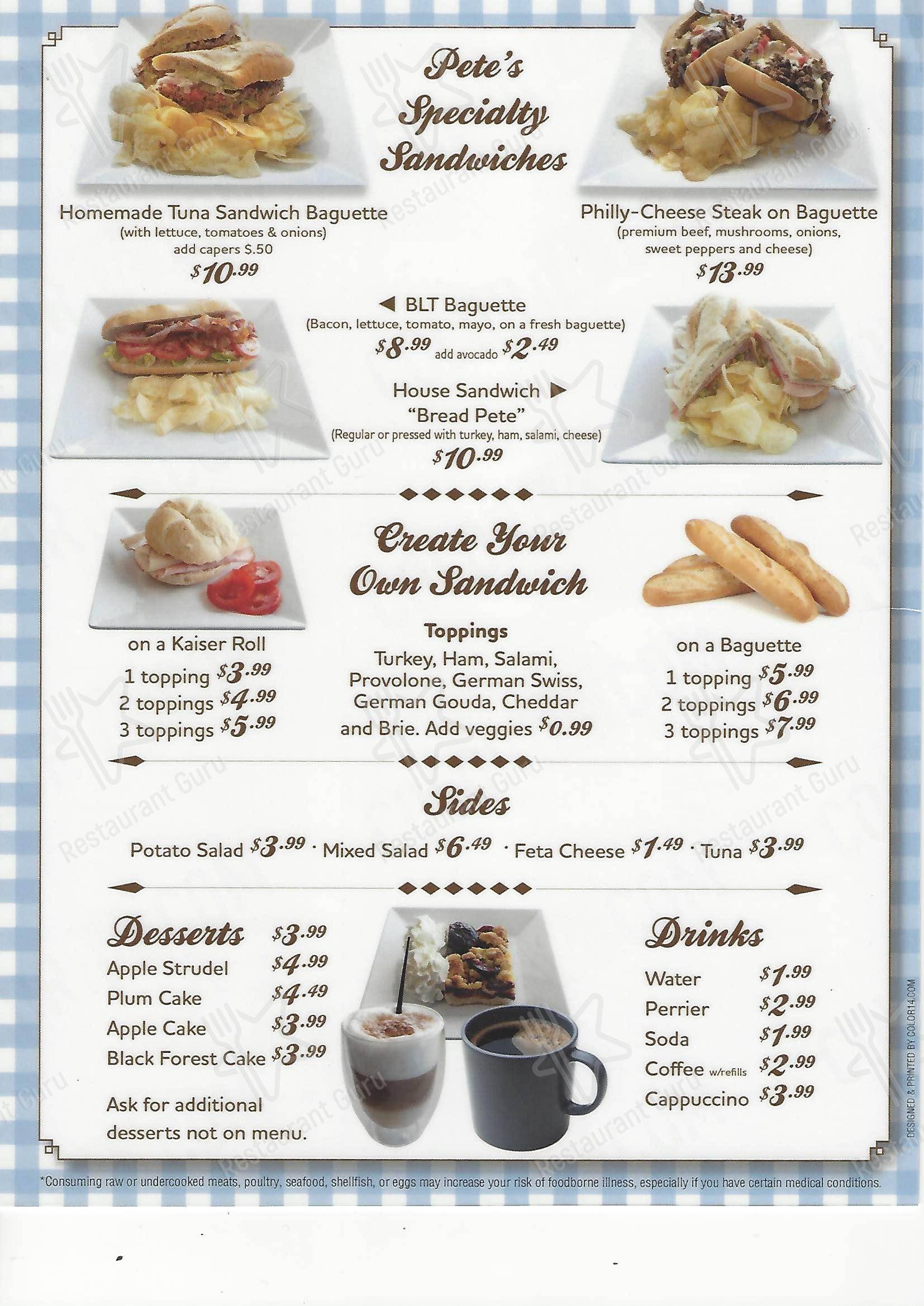 Menu at Bread Pete cafe, Cape Coral