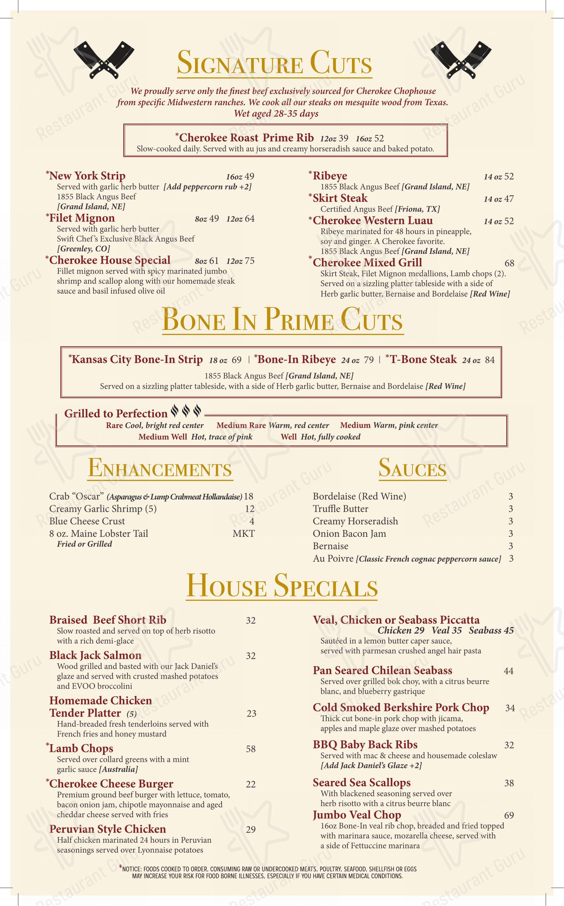 Menu at Cherokee Chophouse steakhouse, Marietta