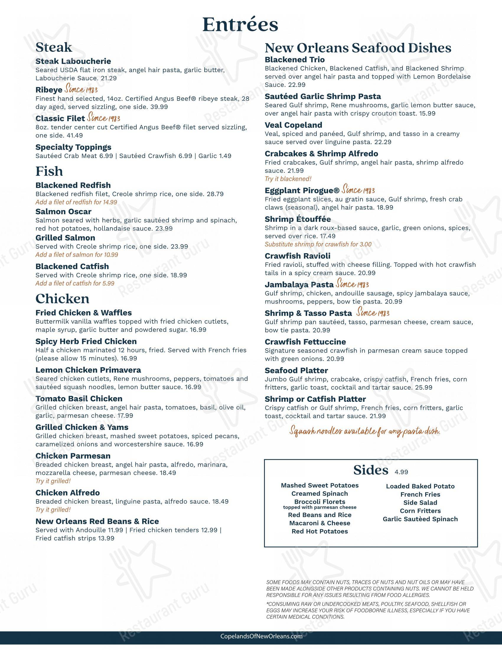 Menu at Copeland's Of New Orleans steakhouse, Slidell, Gause Blvd