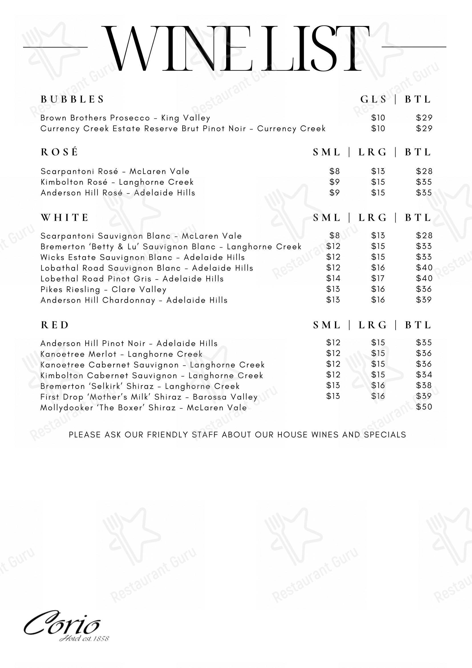 Menu at Corio Hotel desserts, Goolwa