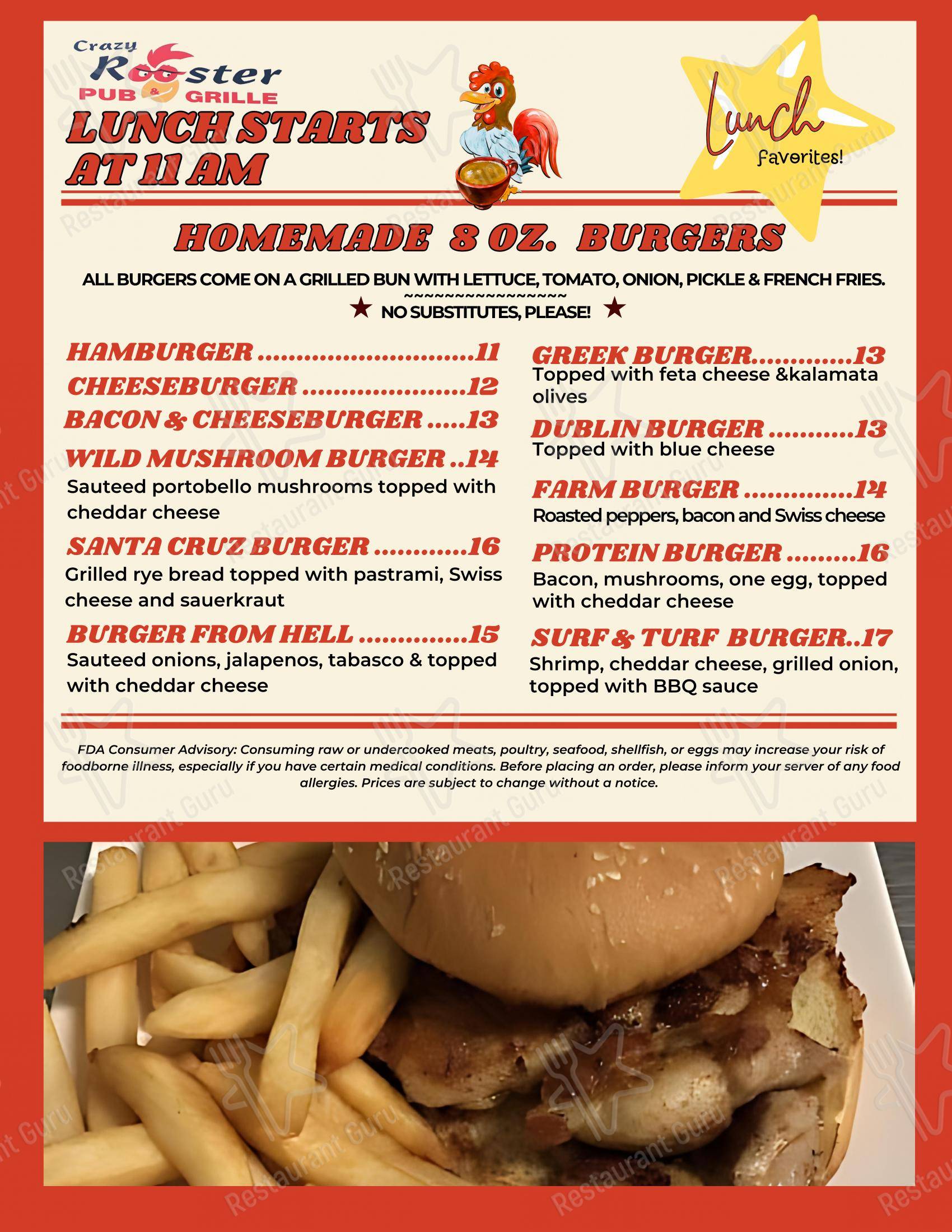 Menu at Crazy Rooster Pub& Grill, Yarmouth
