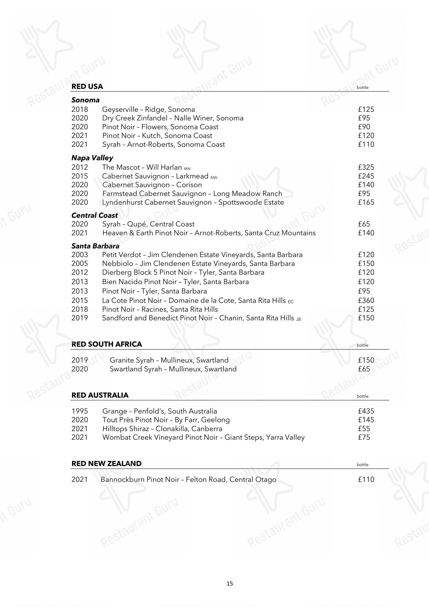 Menu at Dorian Restaurant, London