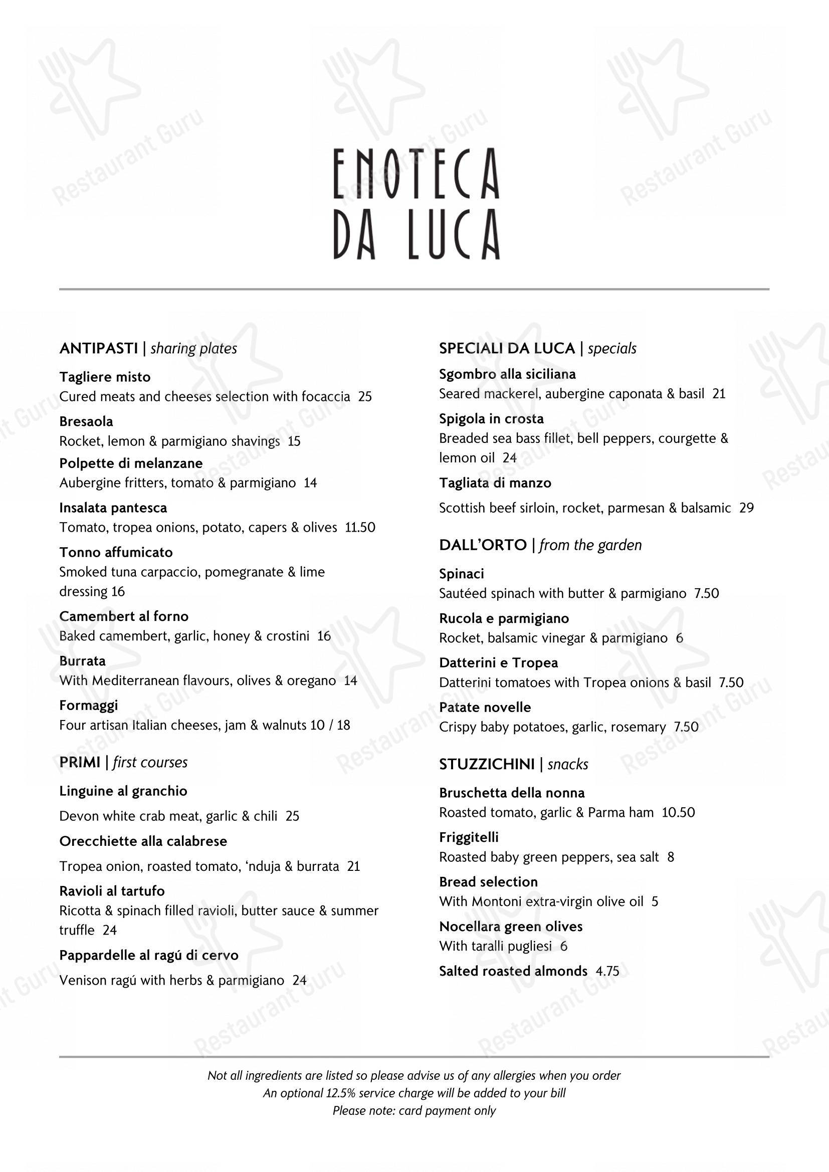 Menu at Enoteca da Luca - Guildhall pub & bar, London, 10-12 Basinghall St