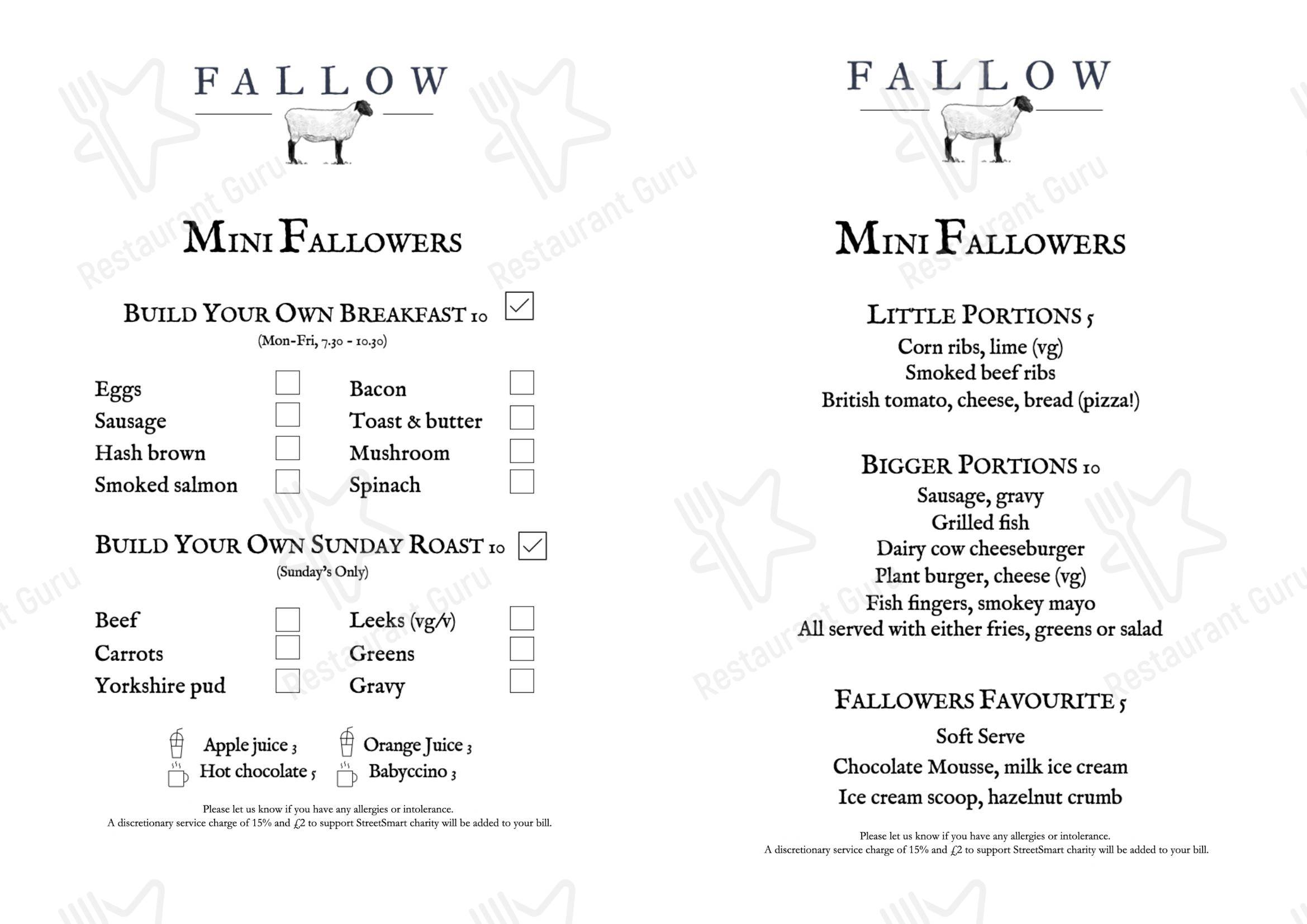 Menu at Fallow restaurant, London
