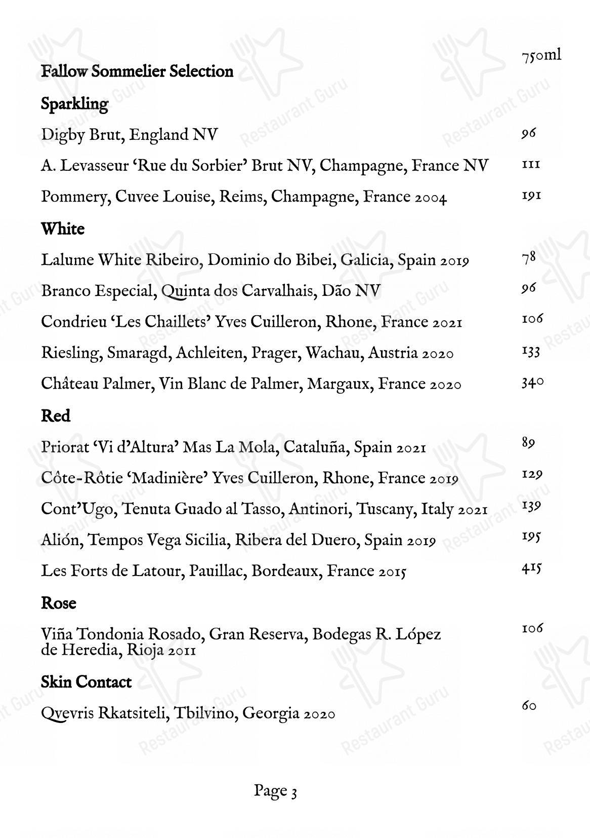 Menu at Fallow restaurant, London