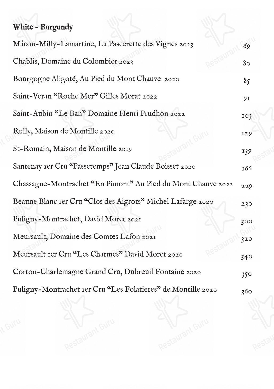 Menu at Fallow restaurant, London