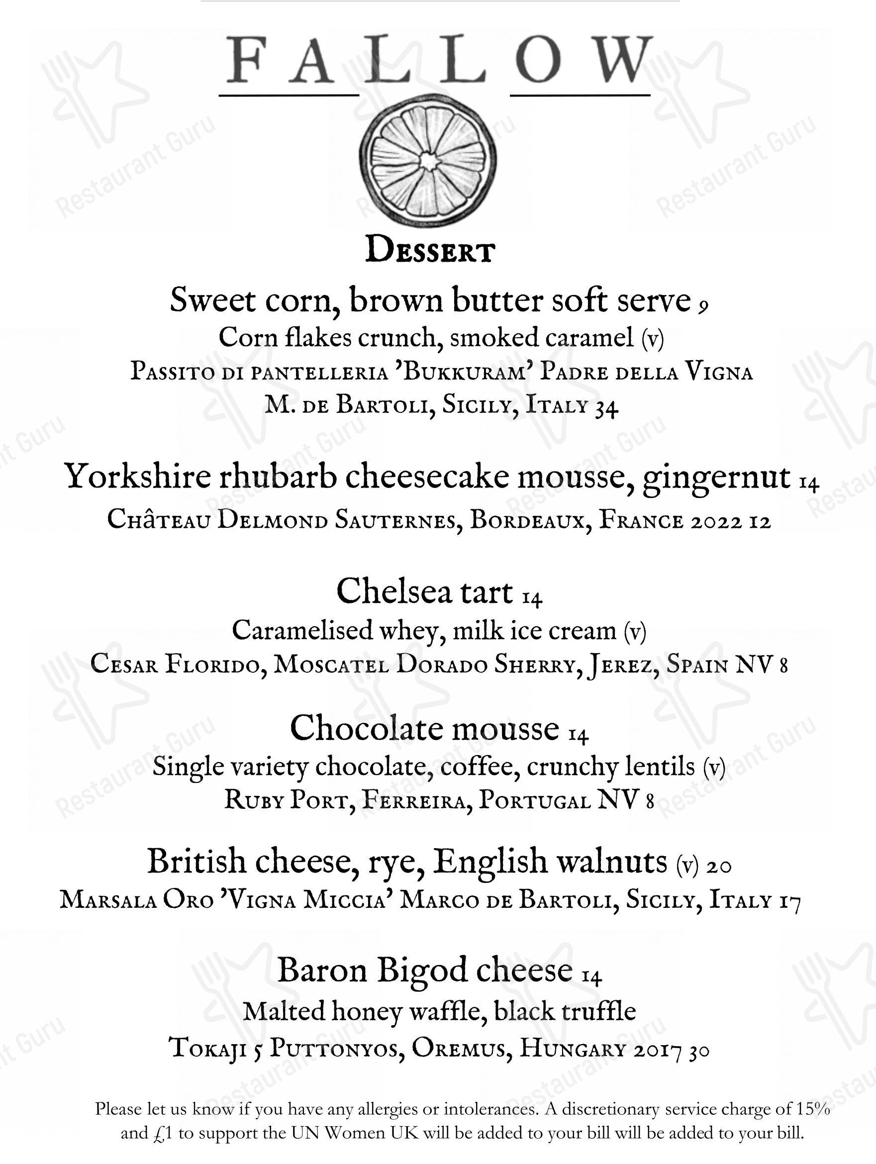 Menu at Fallow restaurant, London