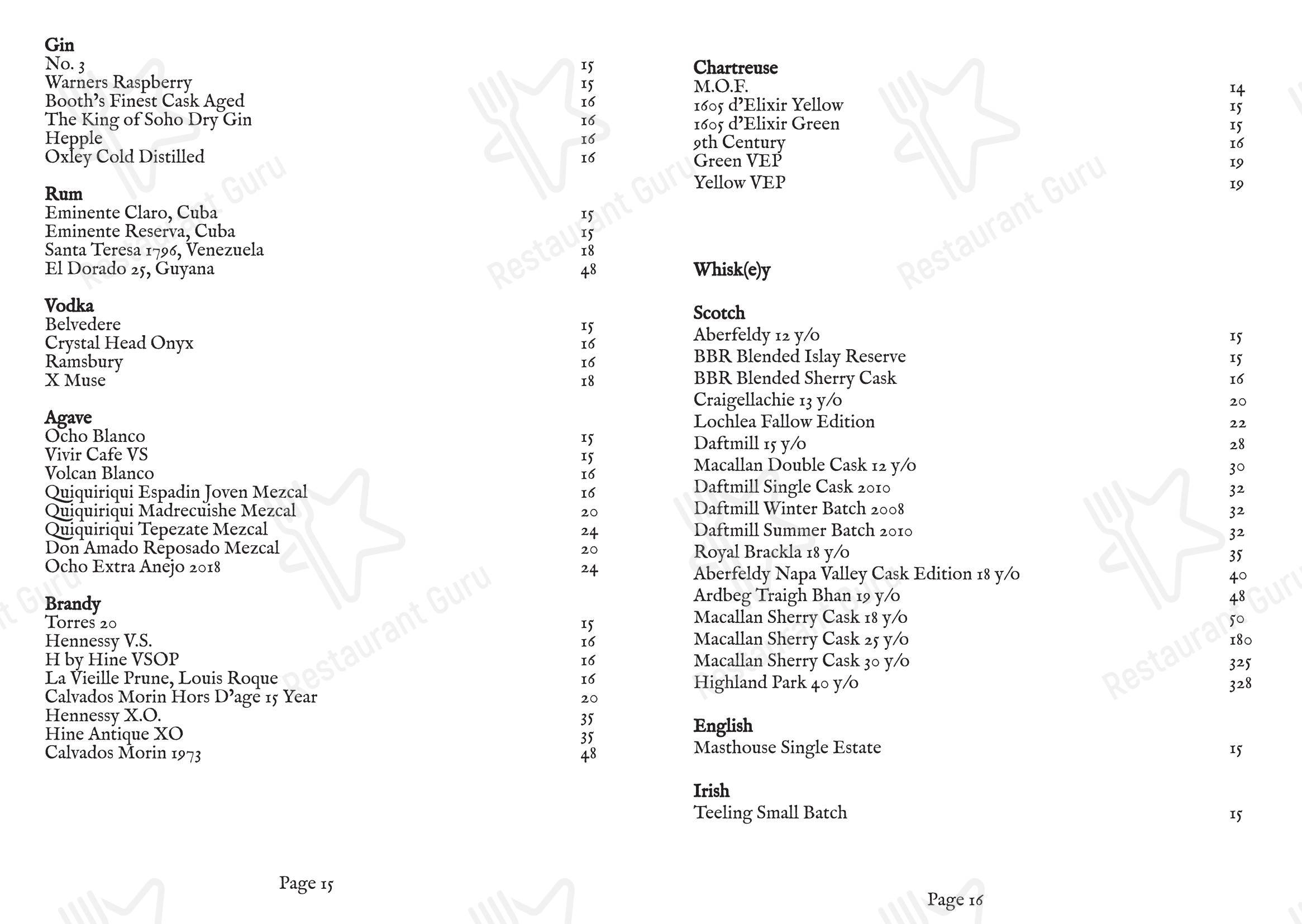 Menu at Fallow restaurant, London