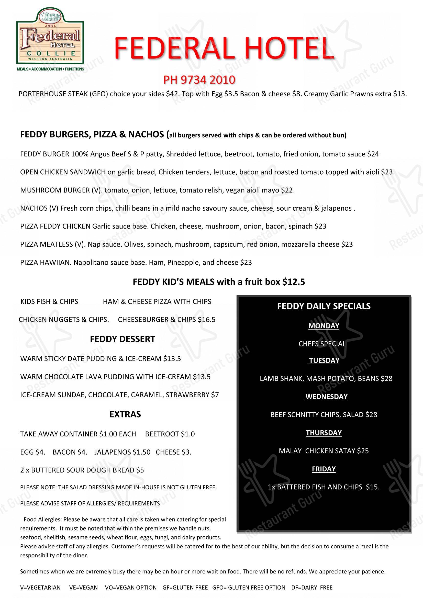 Menu at Federal Hotel pub & bar, Collie