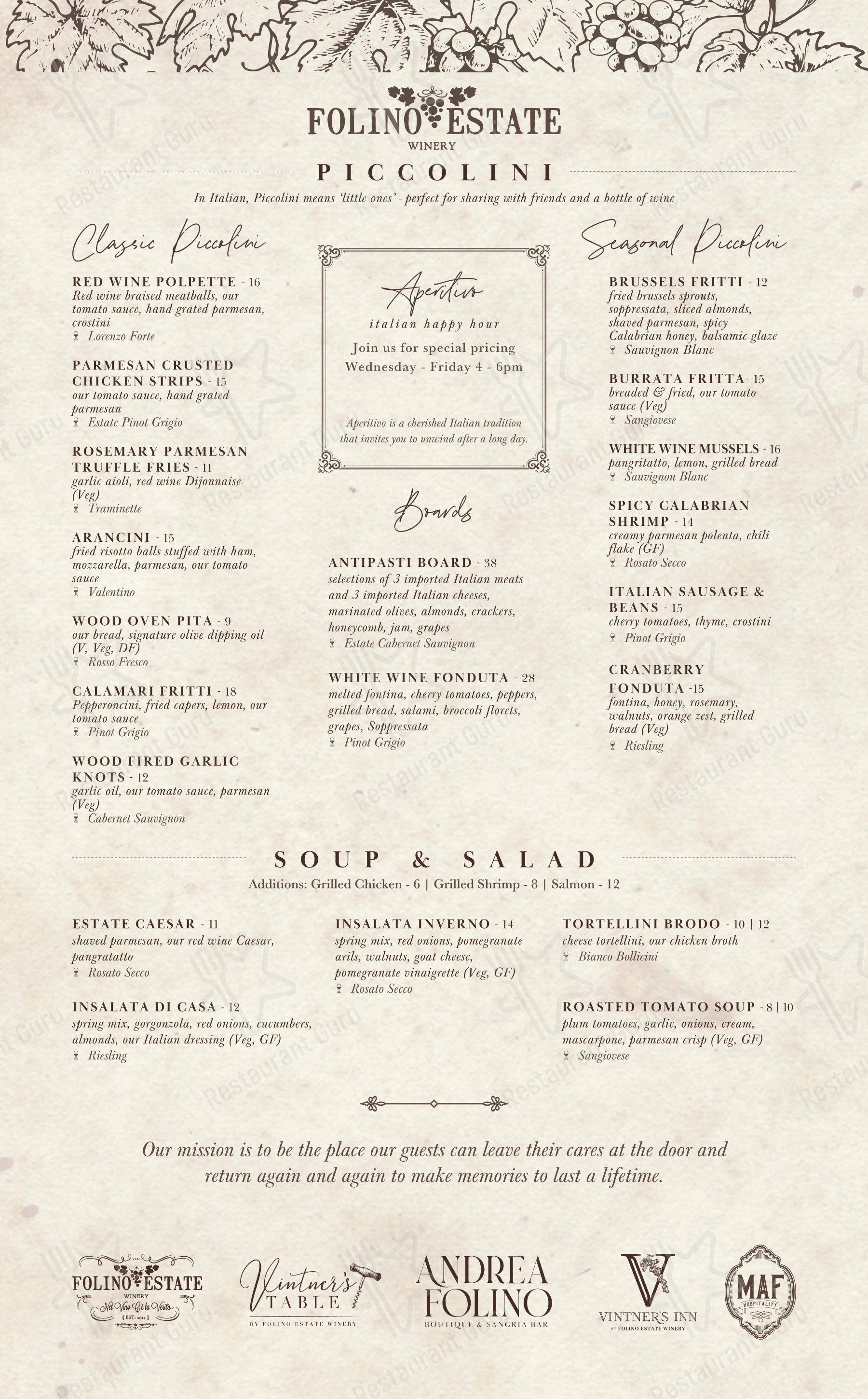 Menu at Folino Estate pub & bar, USA
