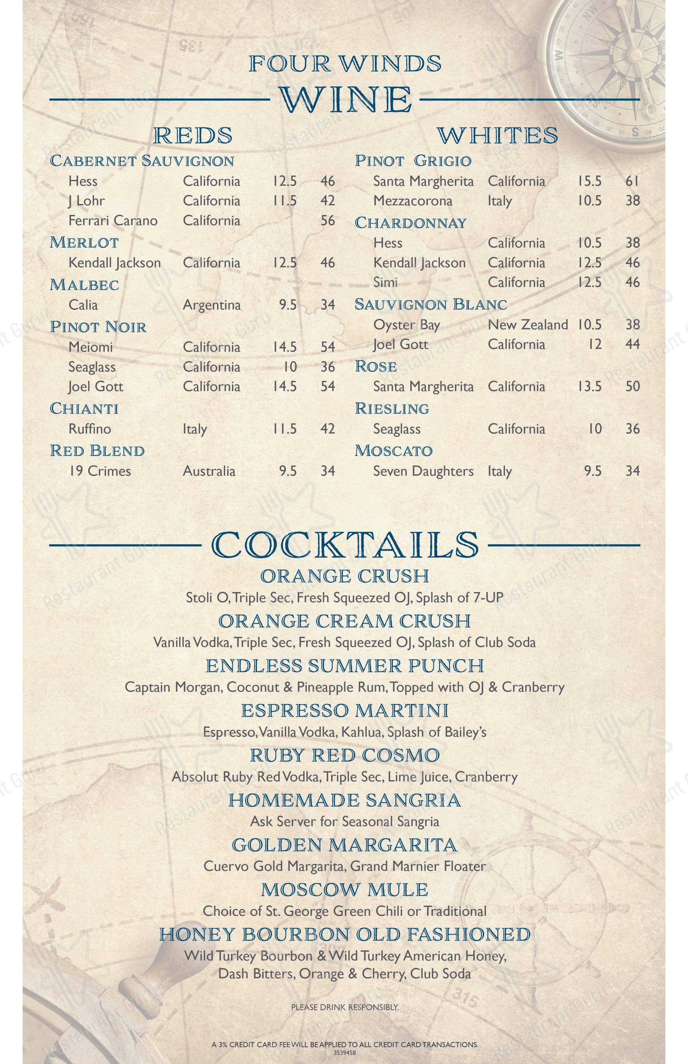 Menu at Four Winds Restaurant, Manasquan