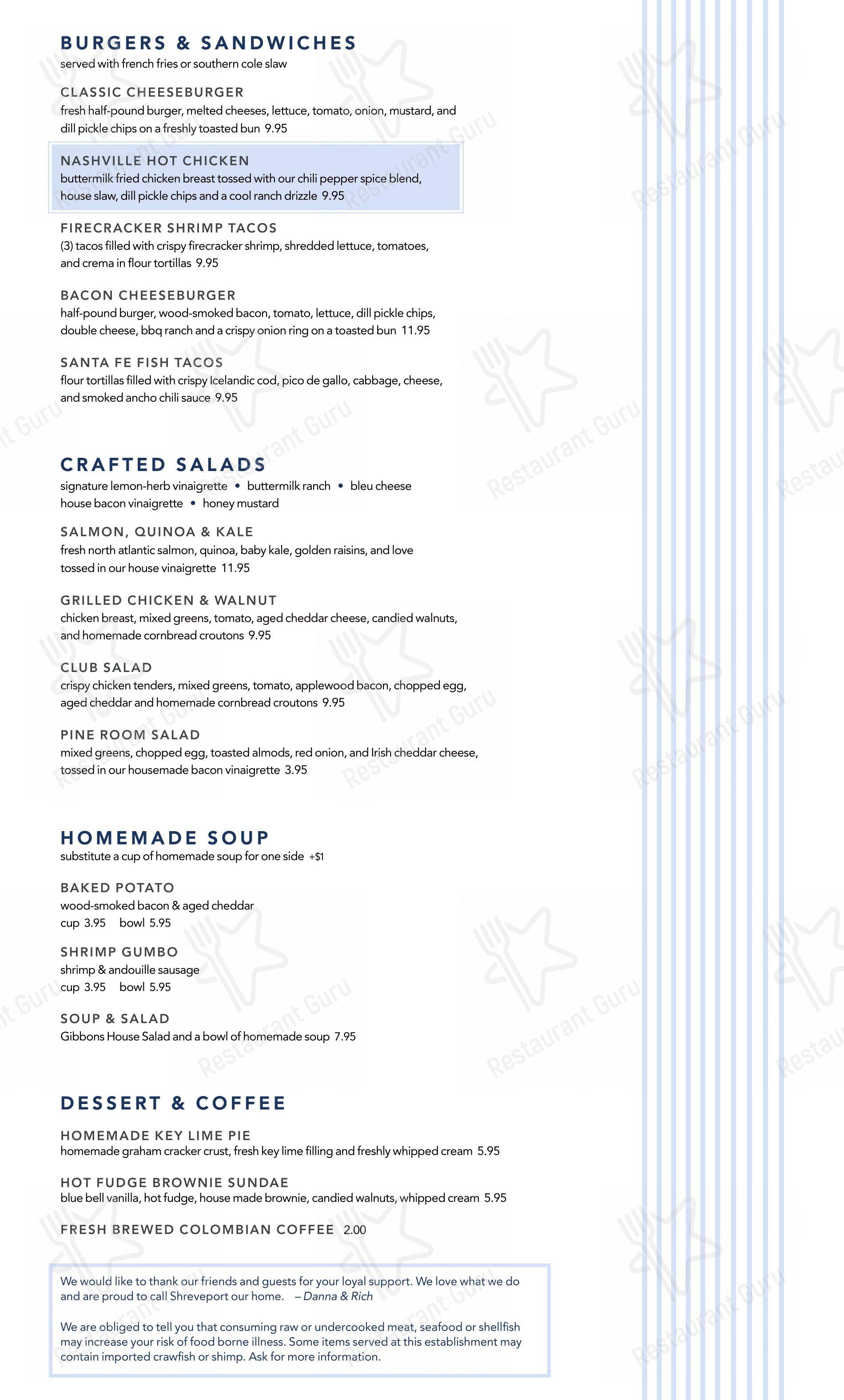 Menu at Gibbons Fine Grill restaurant, Shreveport