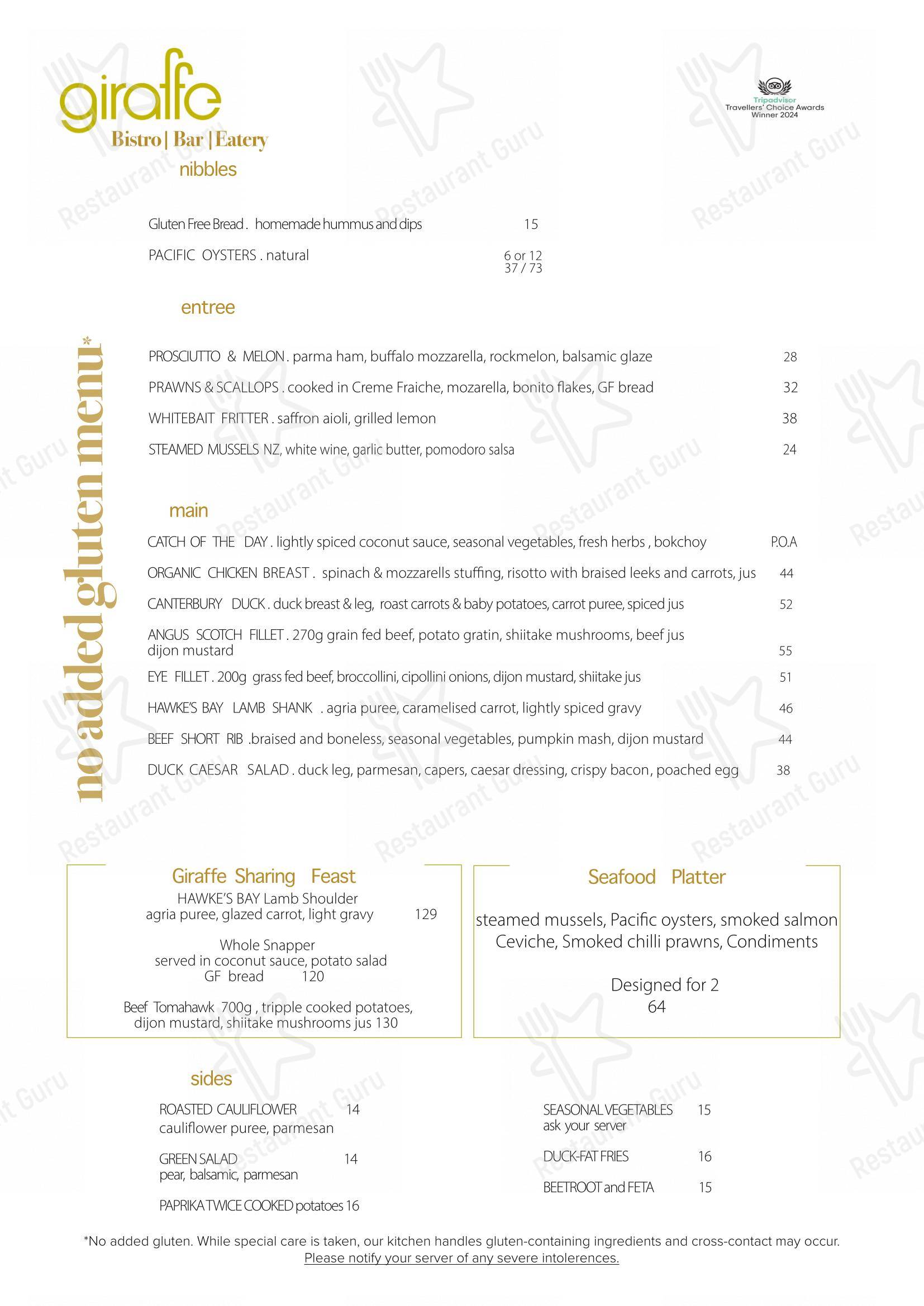 Menu at Giraffe restaurant, Auckland