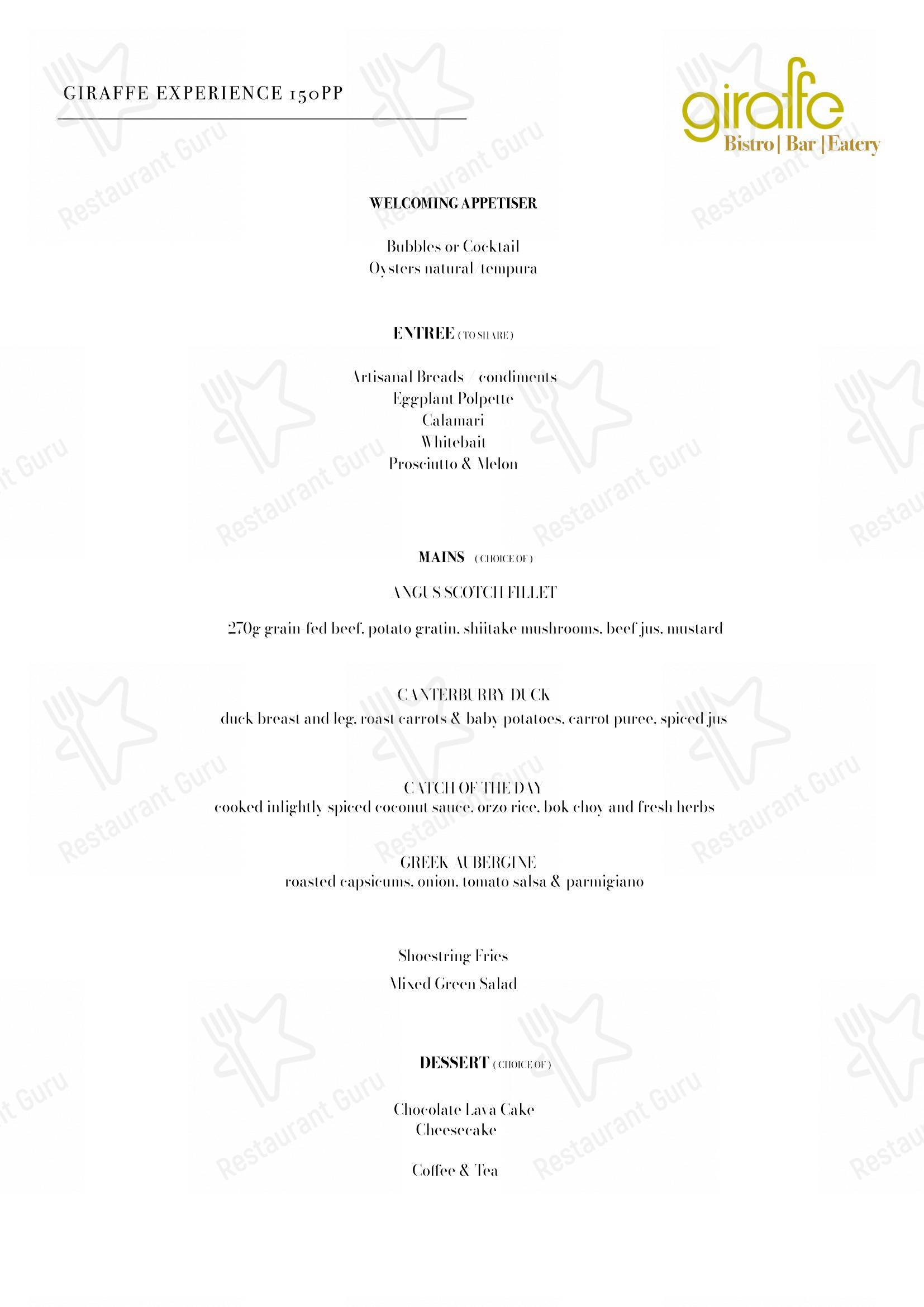 Menu at Giraffe restaurant, Auckland