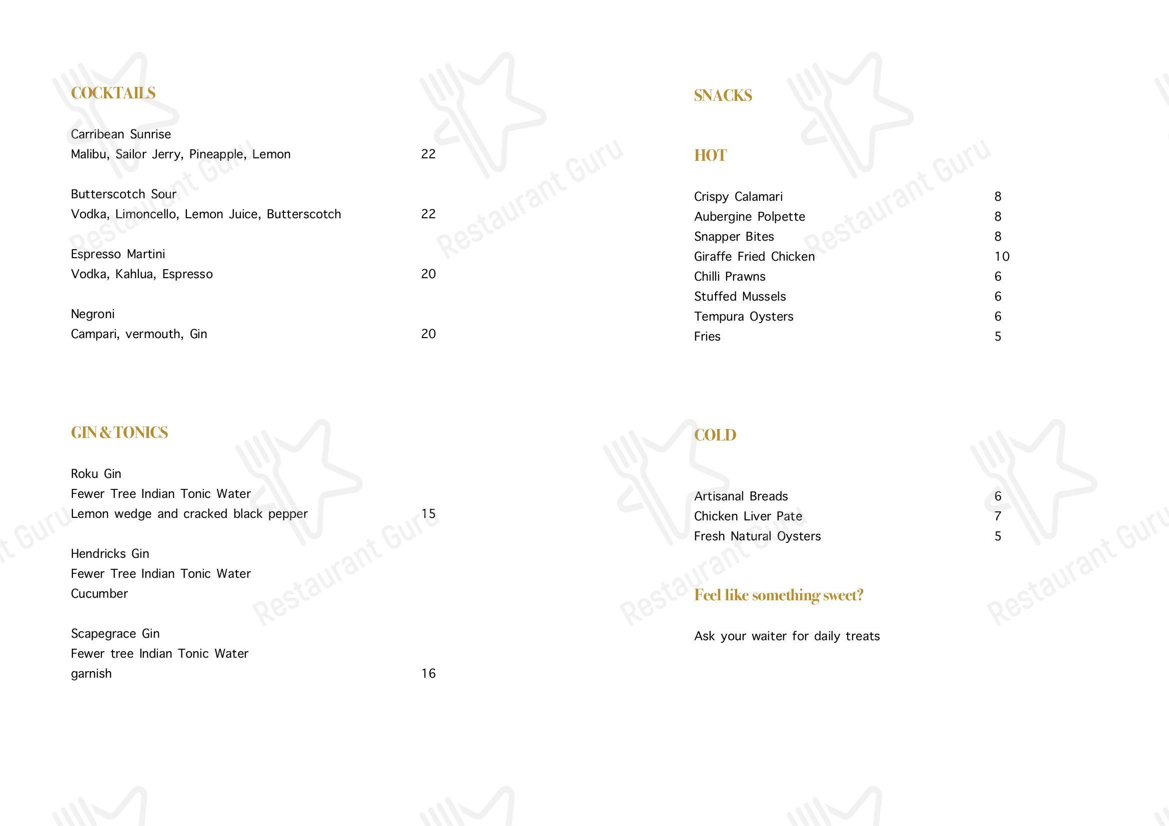 Menu at Giraffe restaurant, Auckland